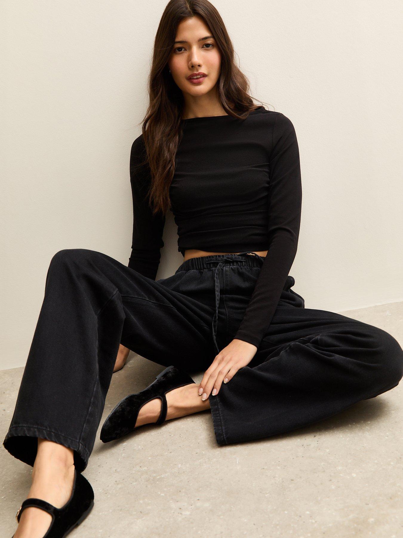 New Look Black Denim Wide Leg Drawstring Waist Jeans | Very