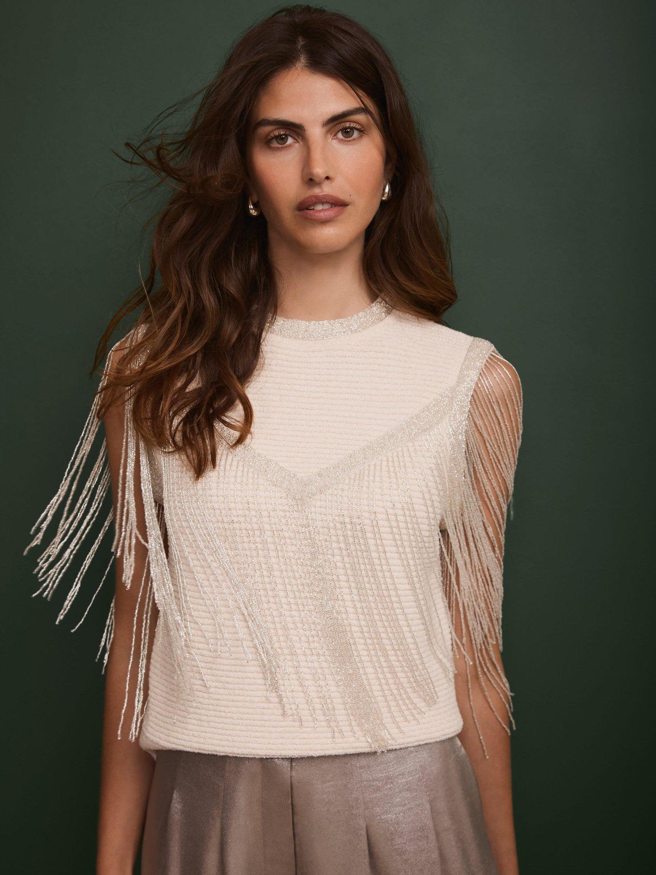 Mint Velvet Cream Embellished Fringe Top - White | Very