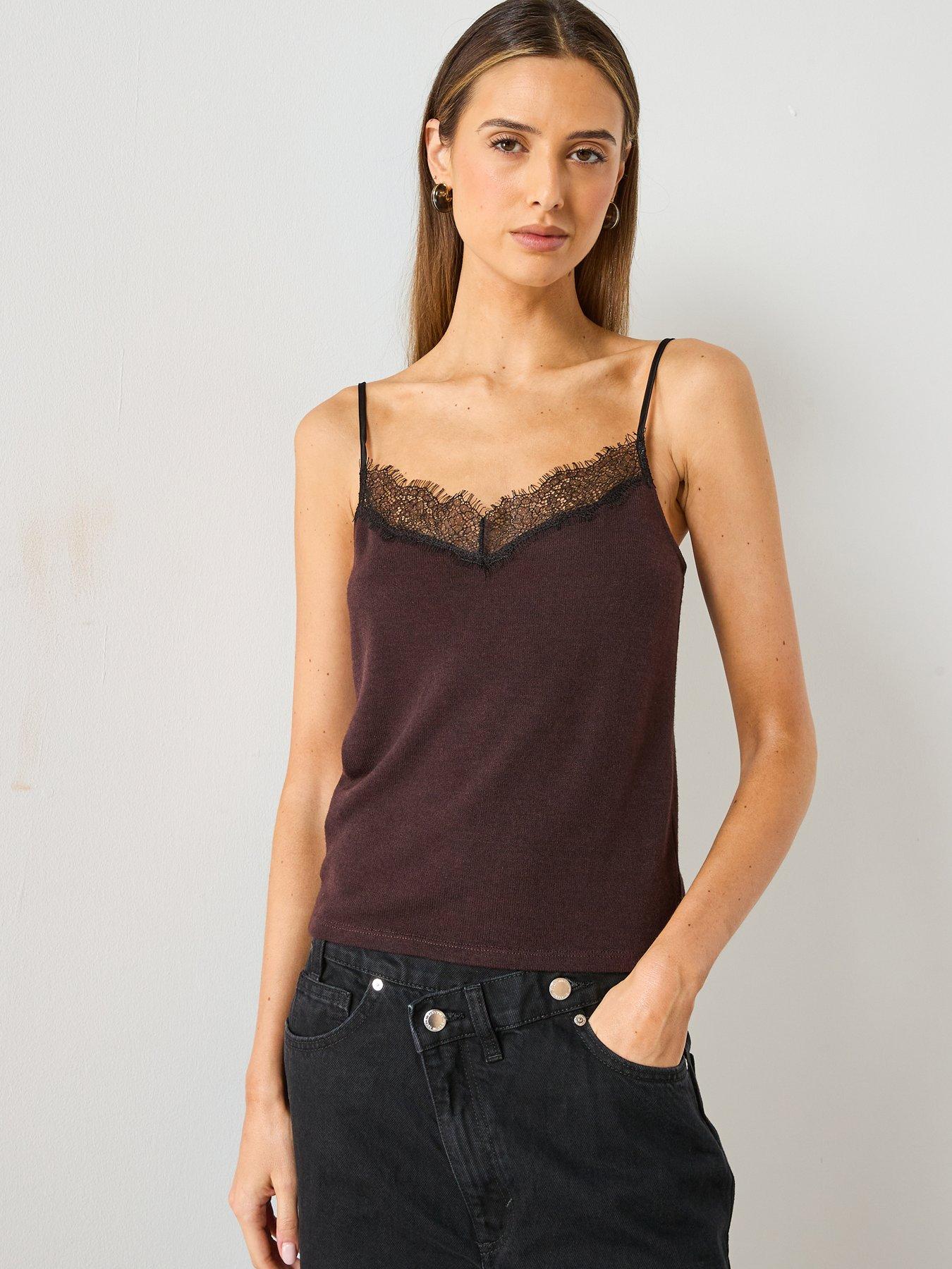 Mango Knitted Lace Cami Top - Burgundy | Very