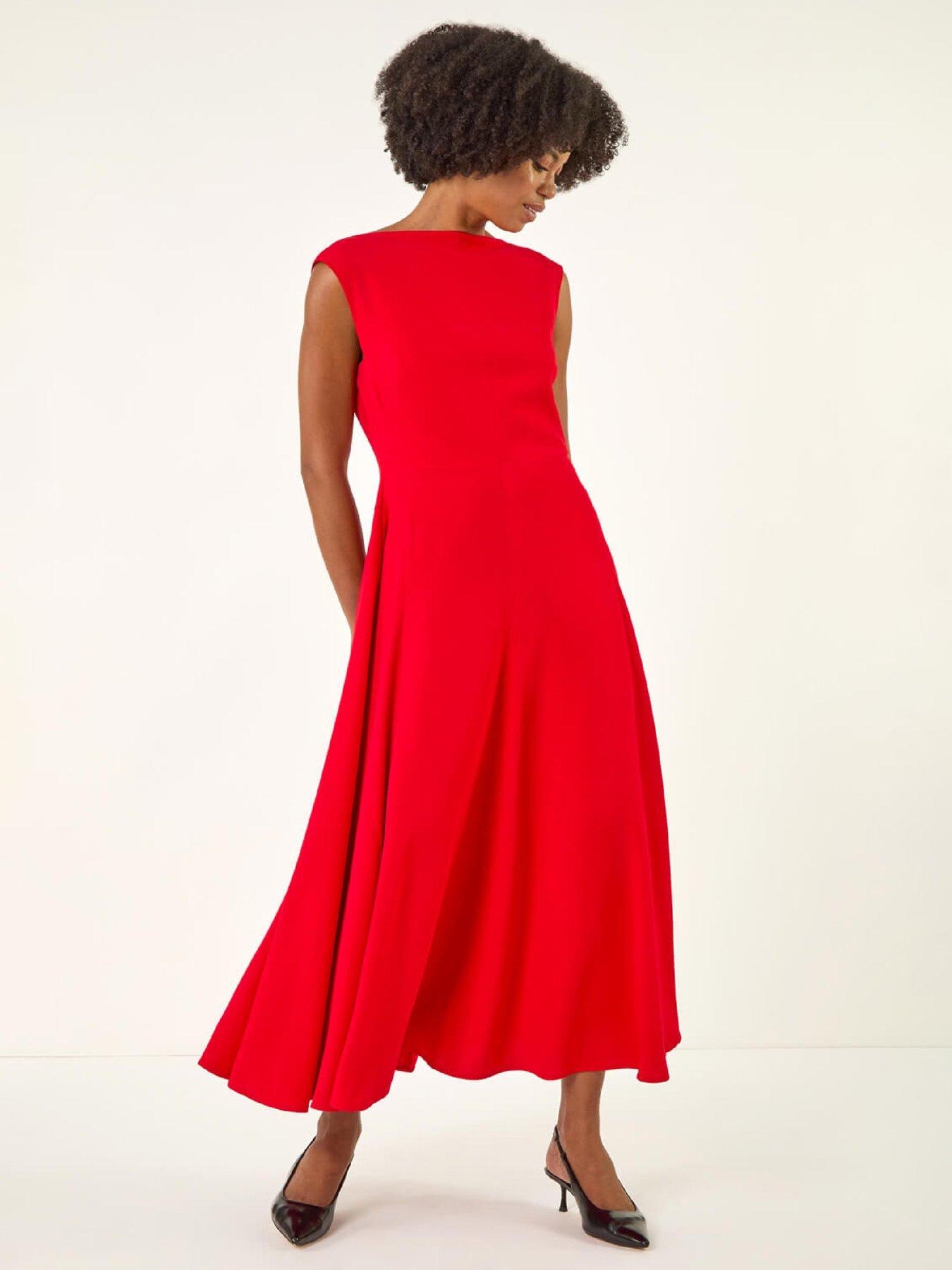 Roman High Neck Pleated Midi Dress - Red | Very