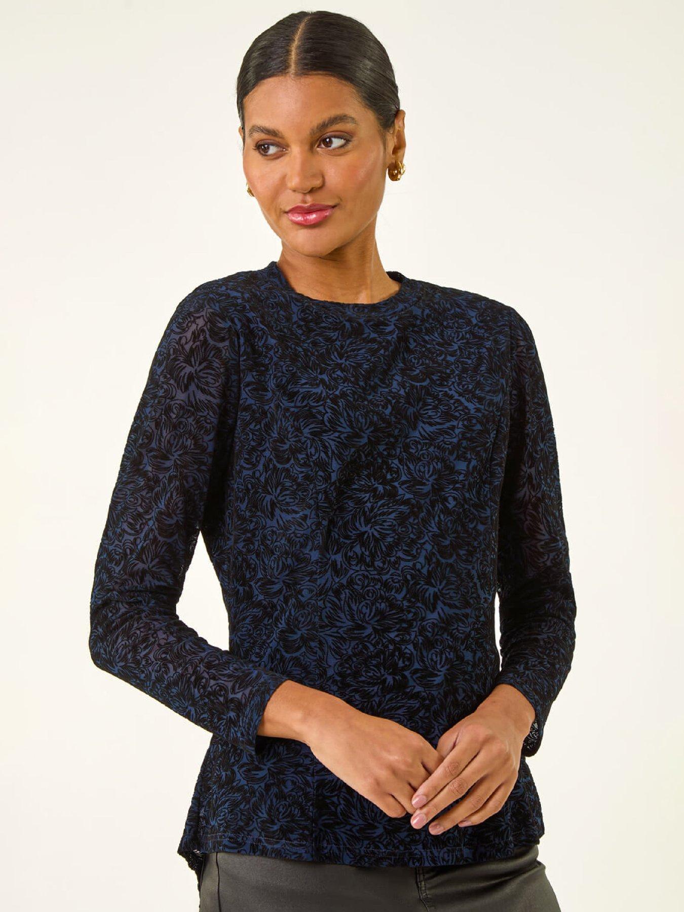 Roman Flock Mesh Textured Top - Navy | Very