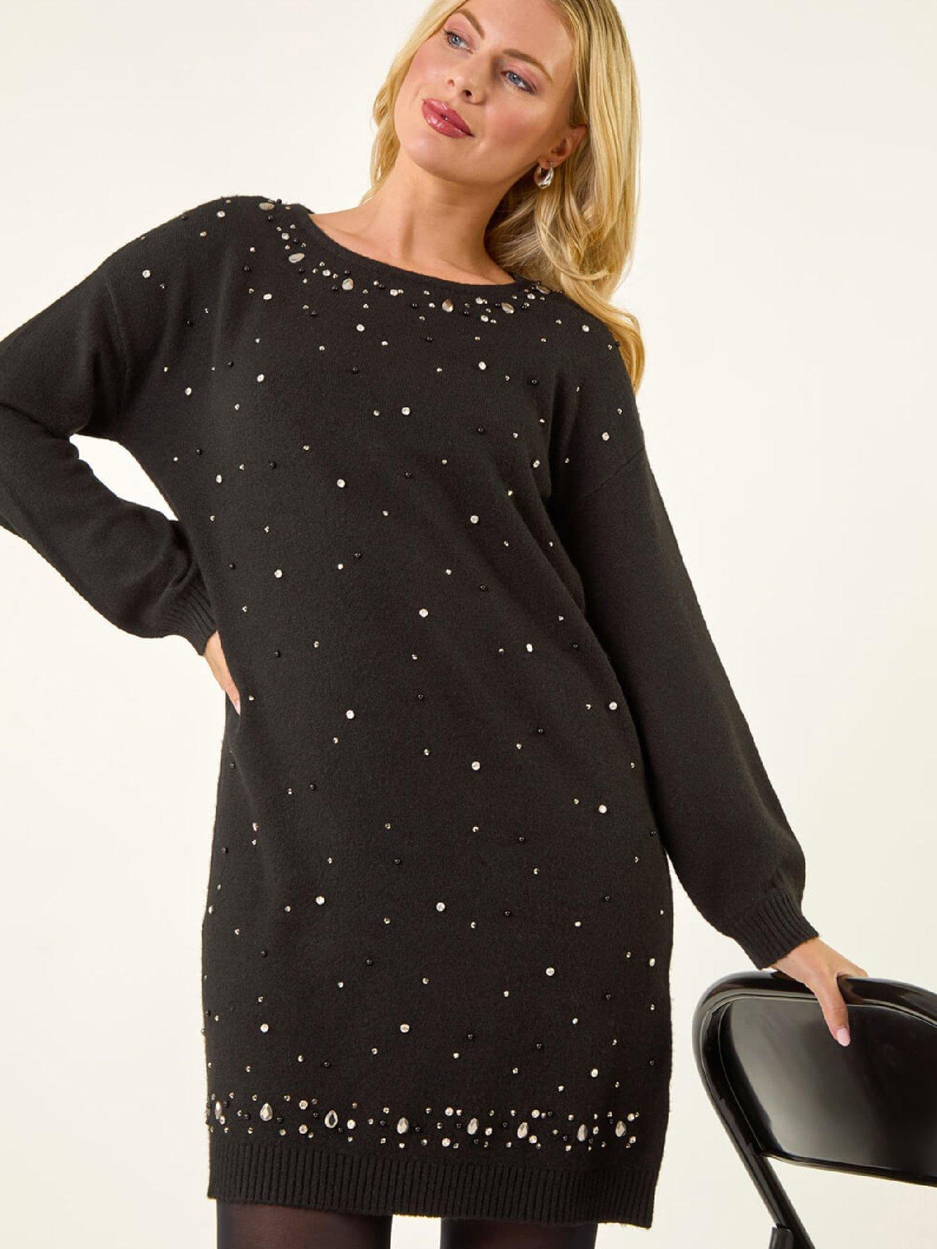 Roman Petite Embellished Knit Dress - Black | Very