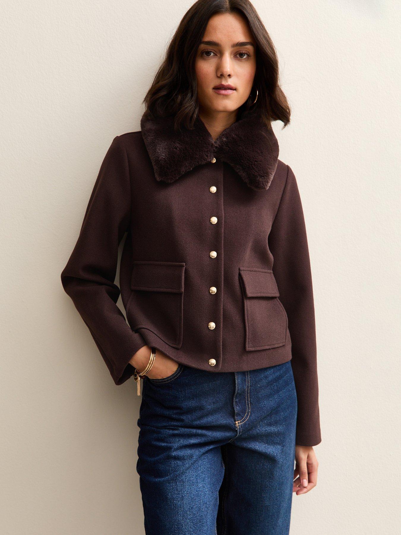 New Look Dark Brown Faux Fur Collar Short Shacket | Very