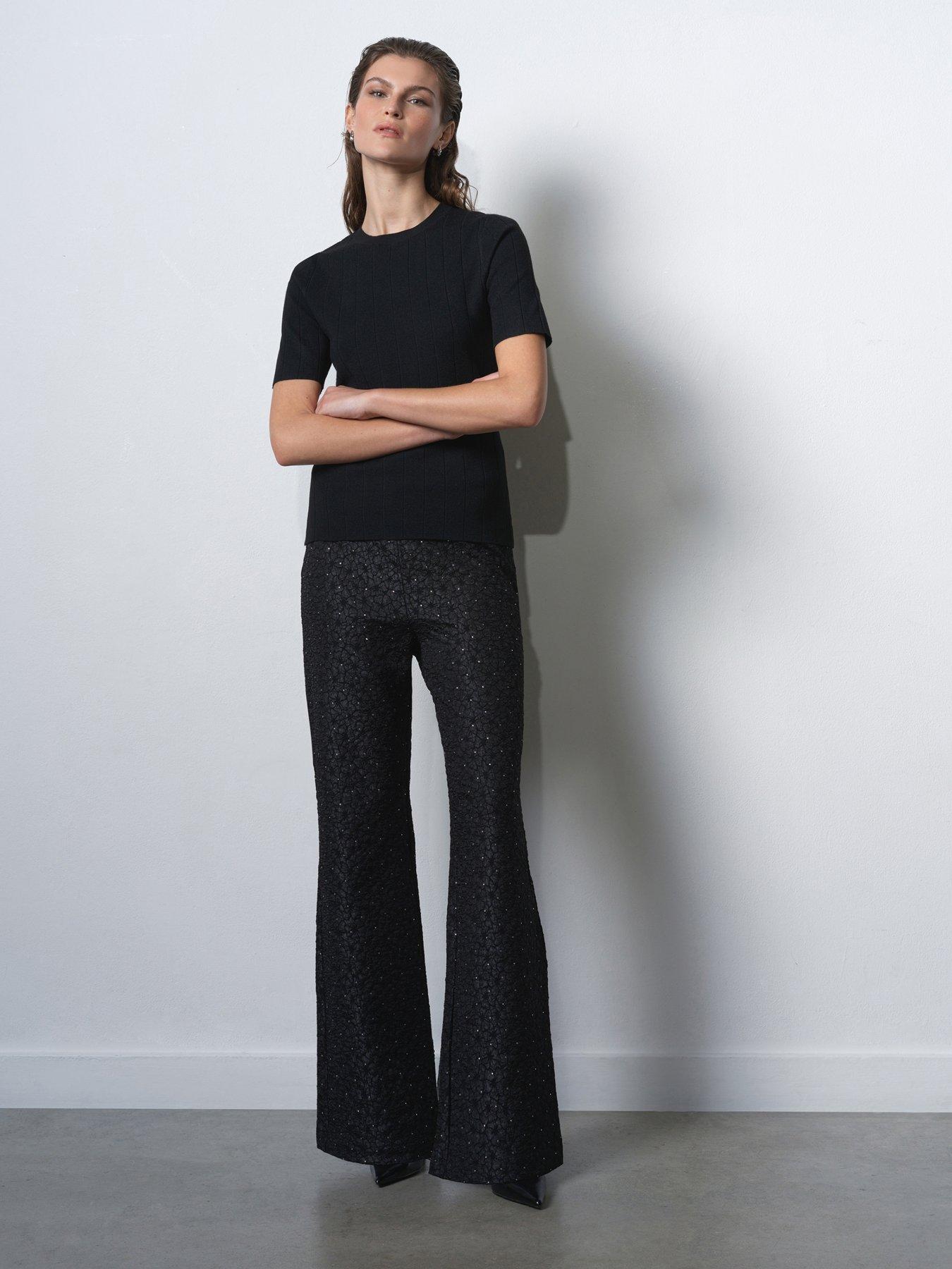 French Connection Floral Diamante Sparkle Jacquard Flared Trousers ...