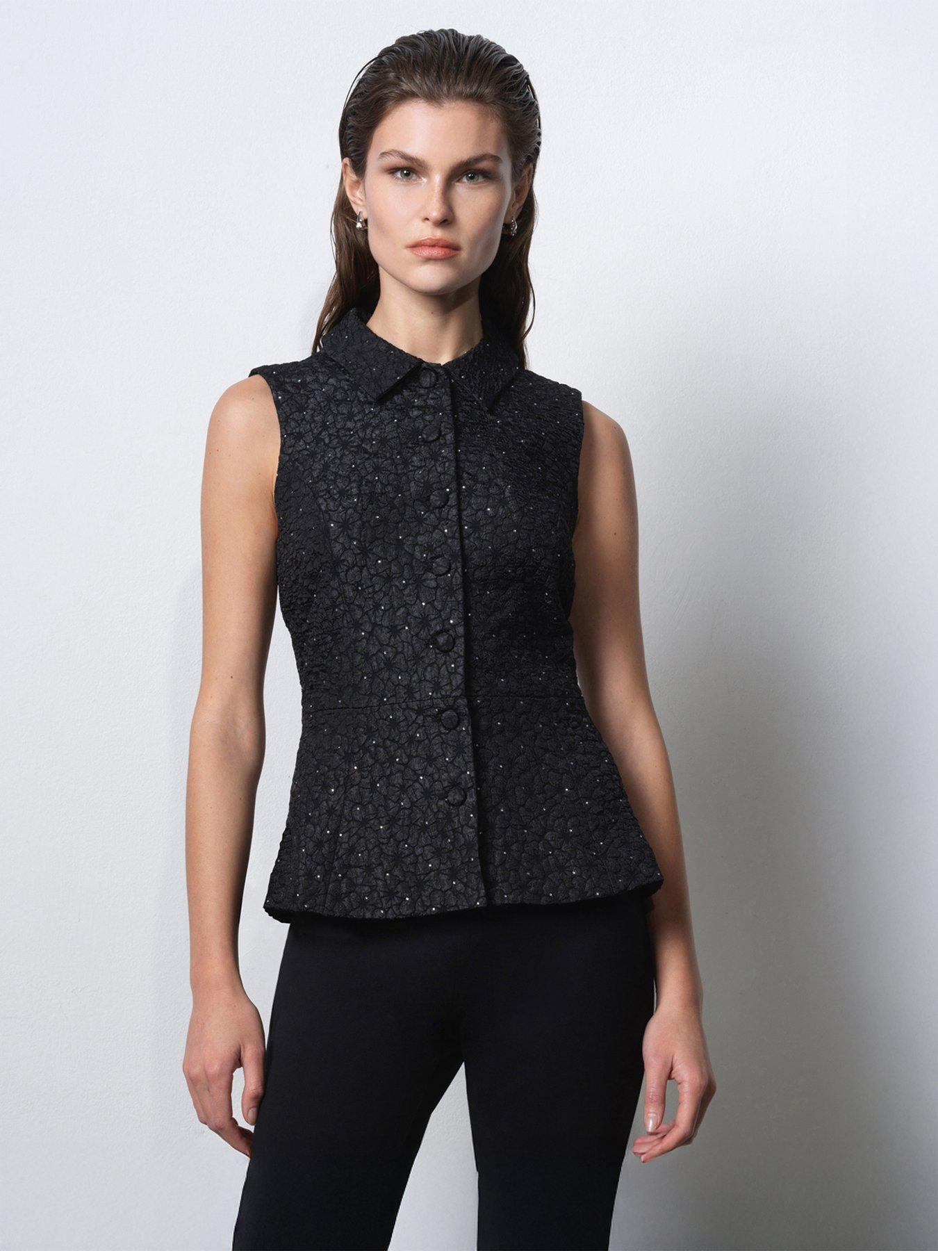 French Connection Floral Diamante Sparkle Jacquard Peplum Waistcoat Top ...