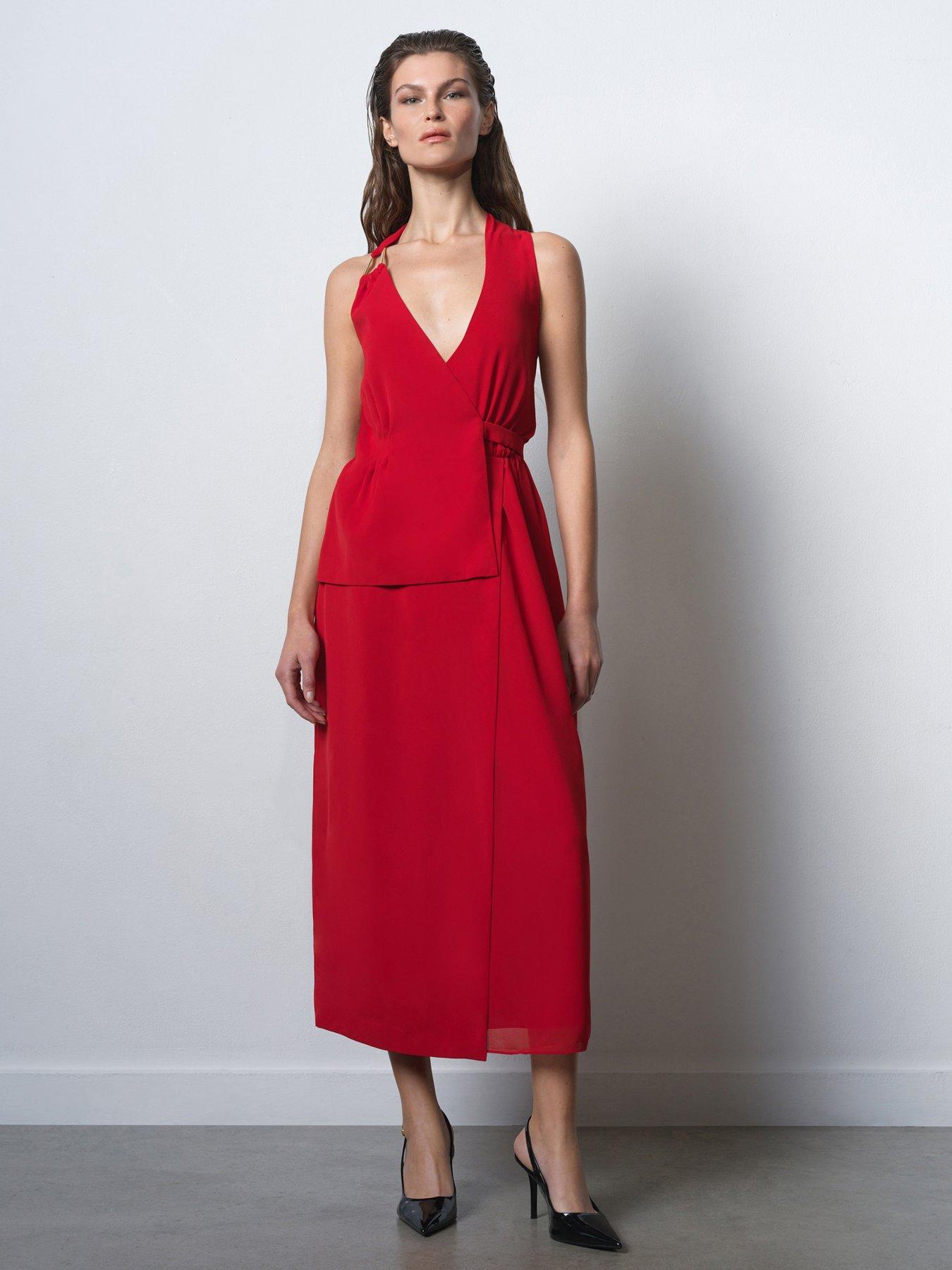 French Connection Tailored Sleeveless Wrap-Over Buckle Midi Dress - Red ...