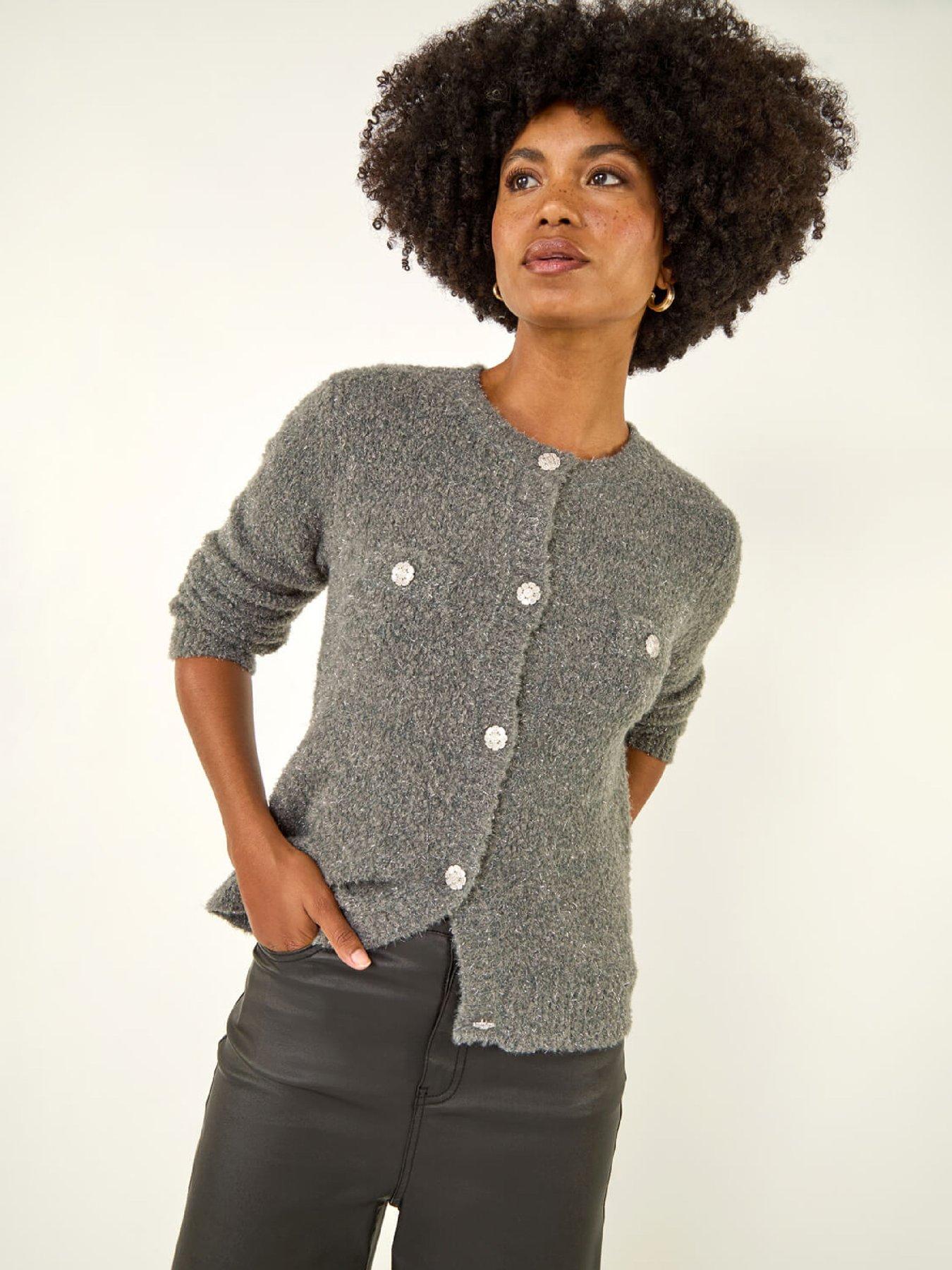 Roman Fluffy Shimmer Button Cardigan - Grey | Very
