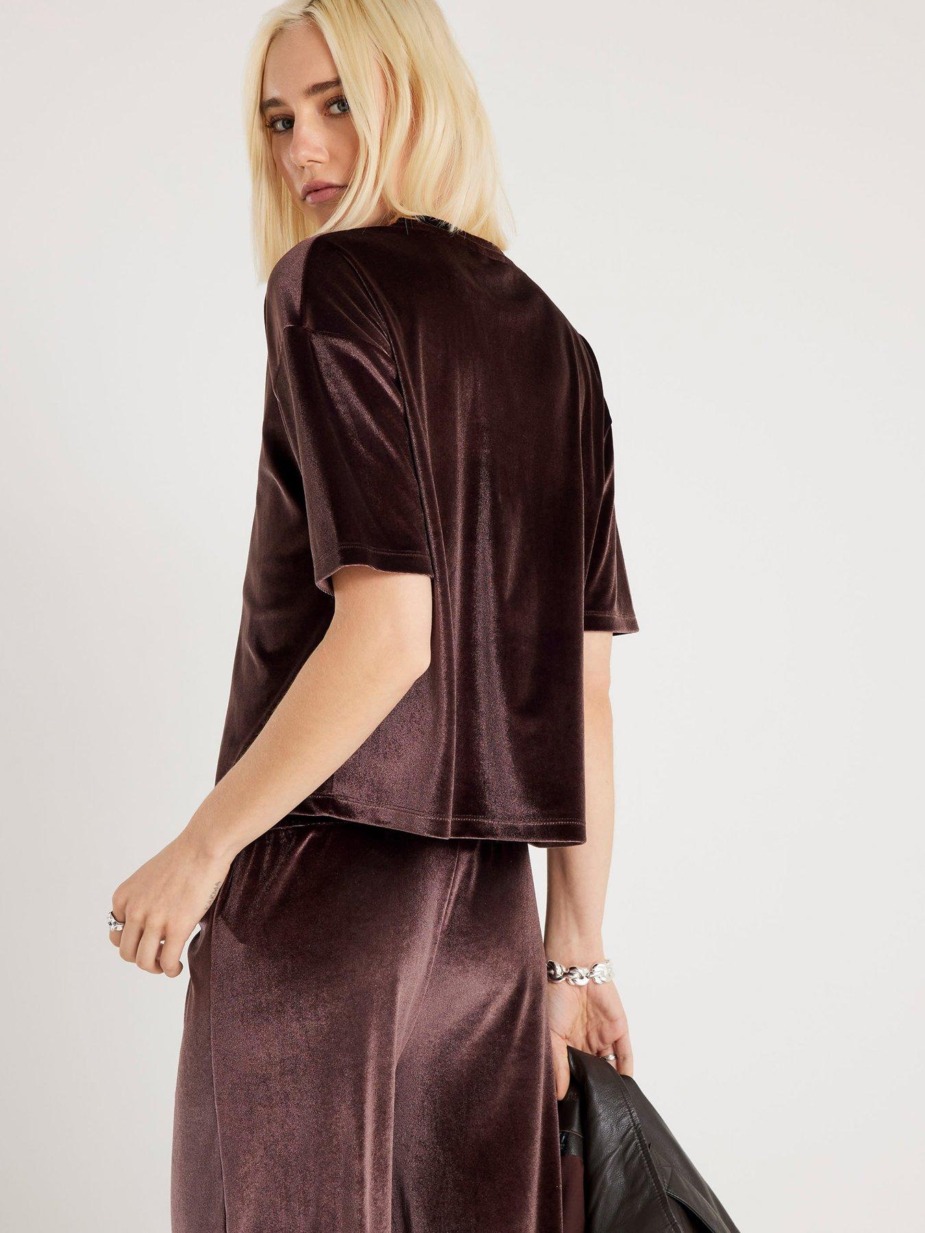 River Island Short Sleeve Velvet Boxy Tee - Brown | Very