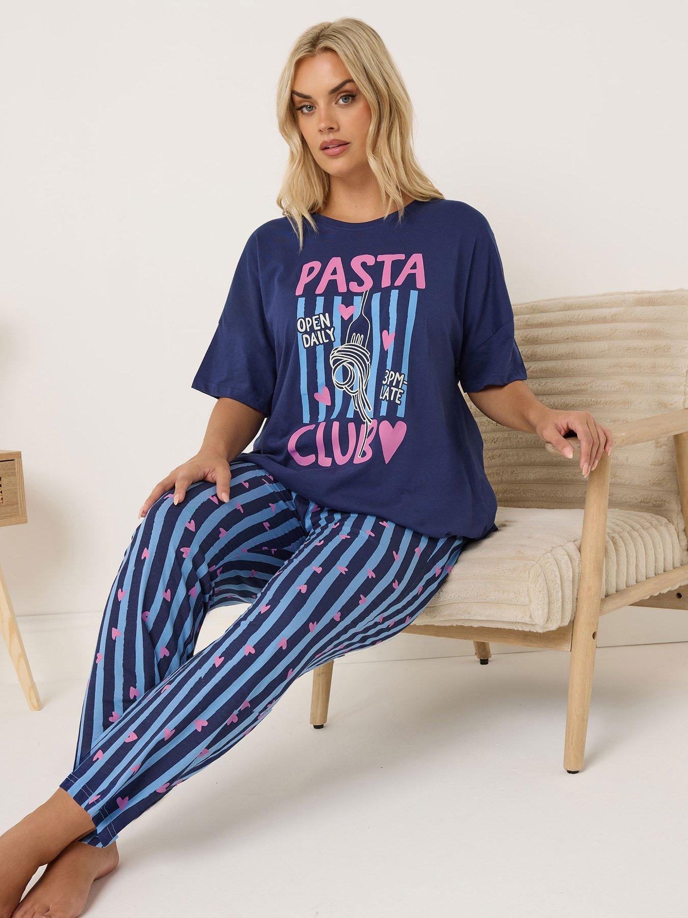 Yours Curve Pasta Club Wide Leg Pyjama Set - Blue | Very