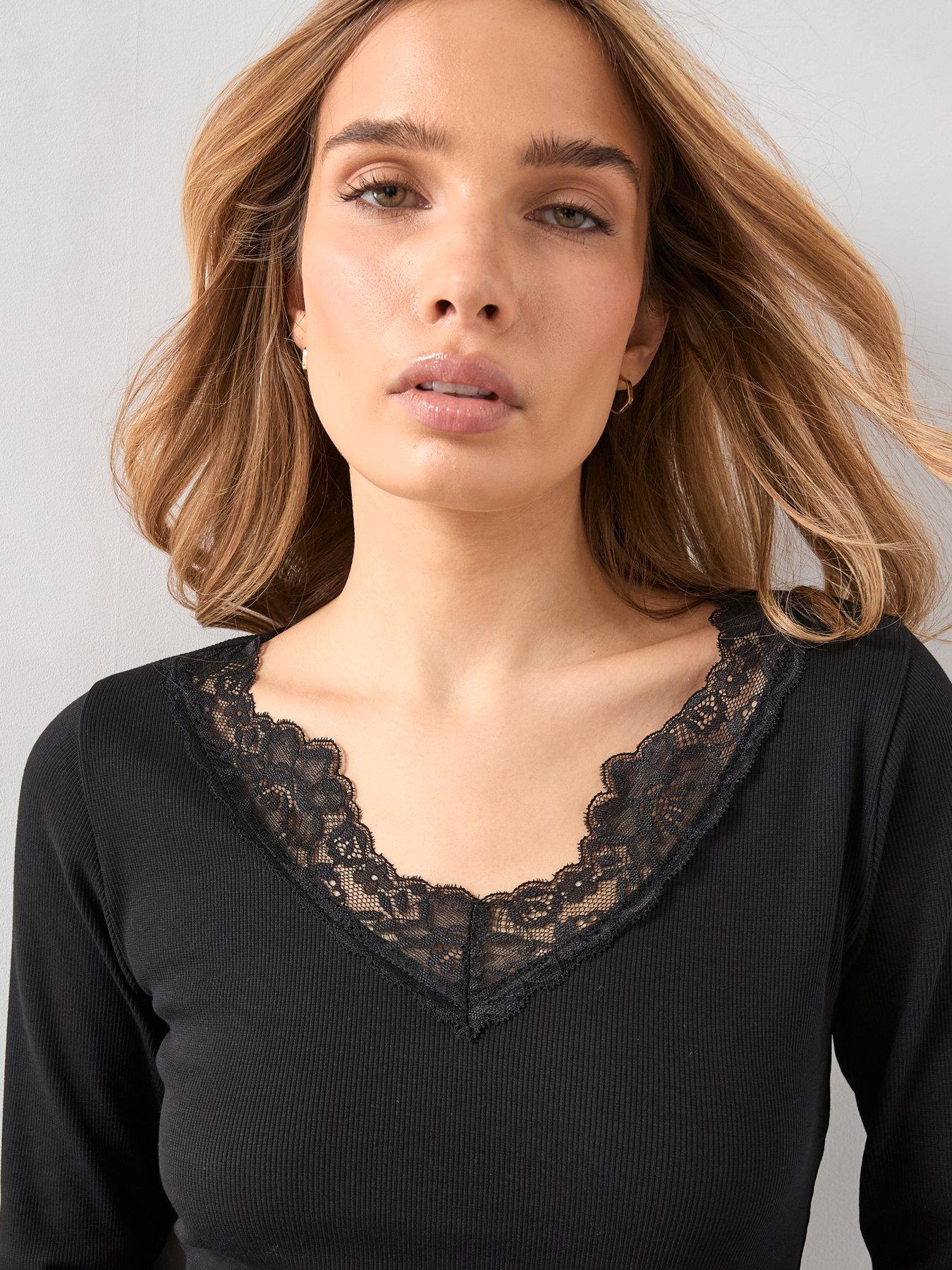 The Very Collection Lace Trim V Neck Top - Black | Very