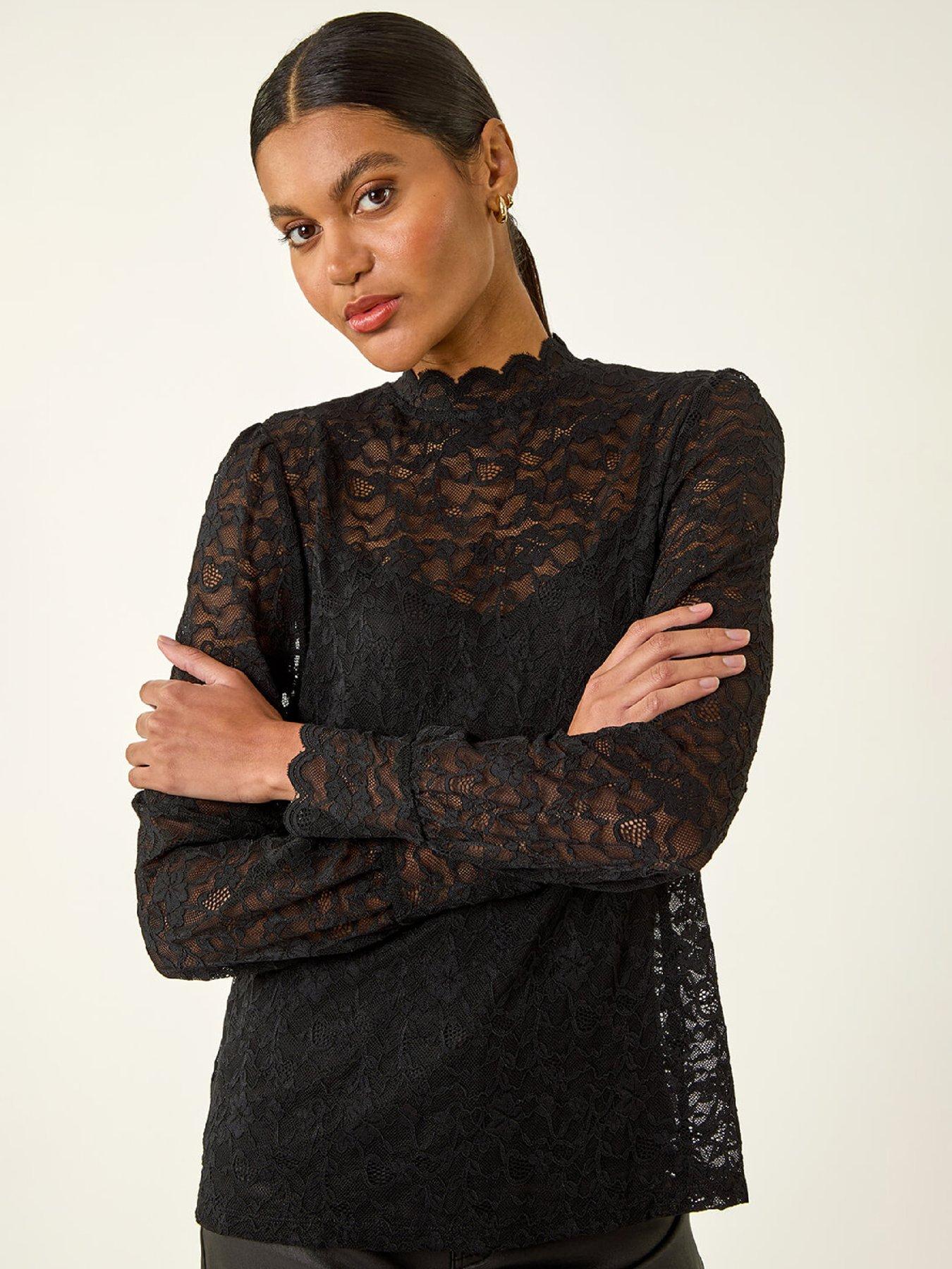 Roman Lace Frill High Neck Stretch Top - Black | Very