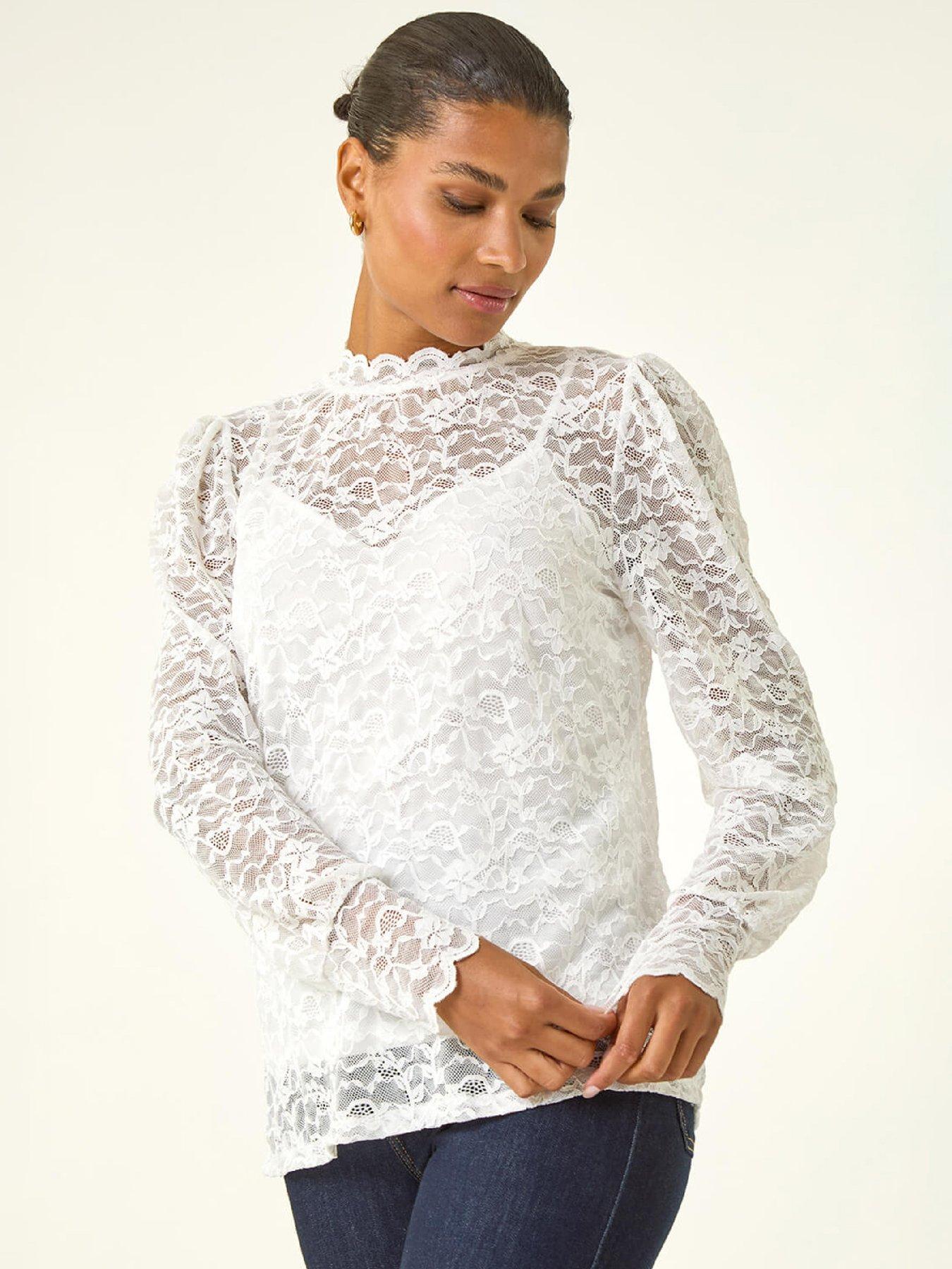 Roman Lace Frill High Neck Stretch Top - Ivory | Very
