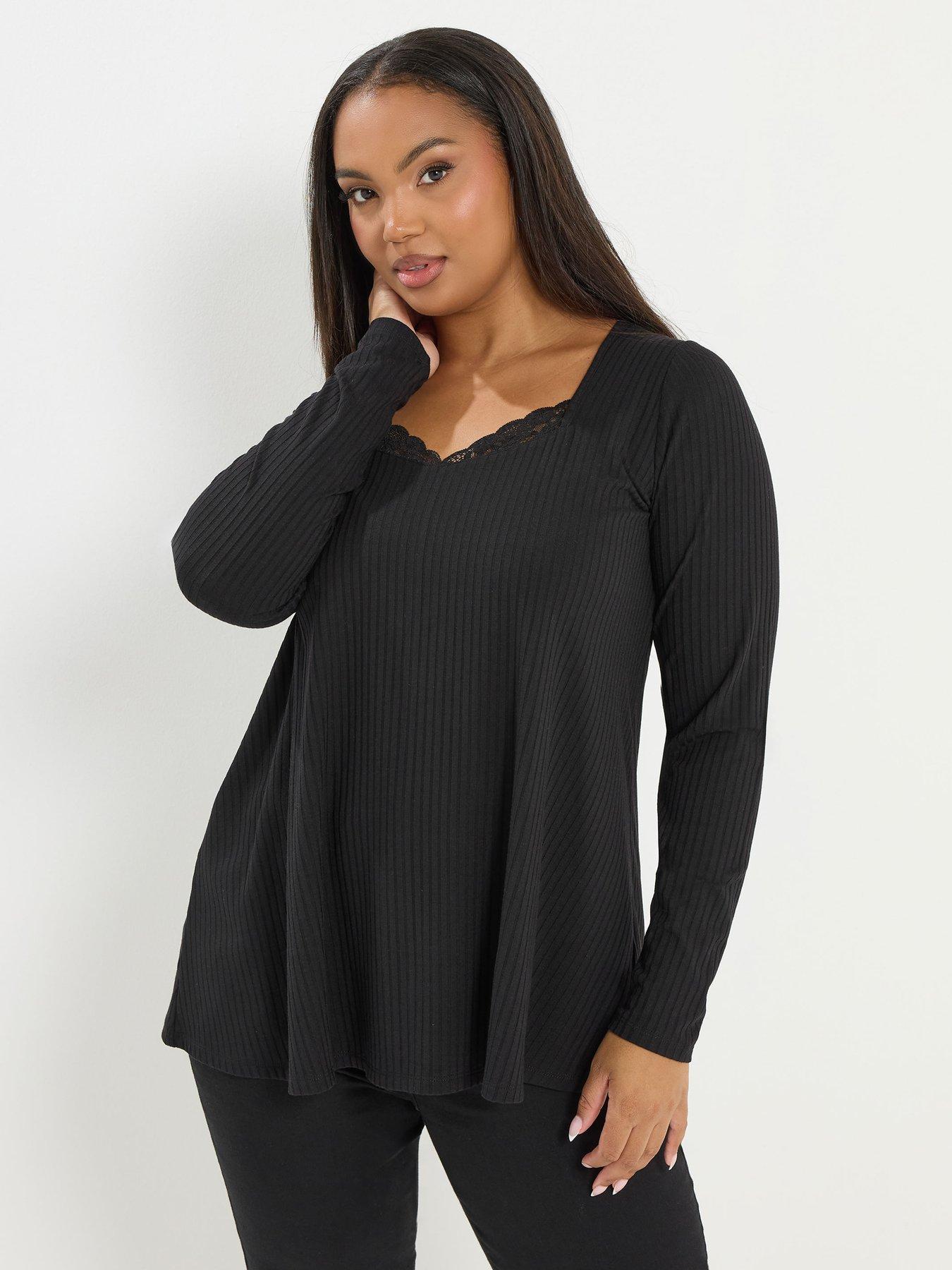 Yours Curve Lace Insert Rib Top - Black | Very
