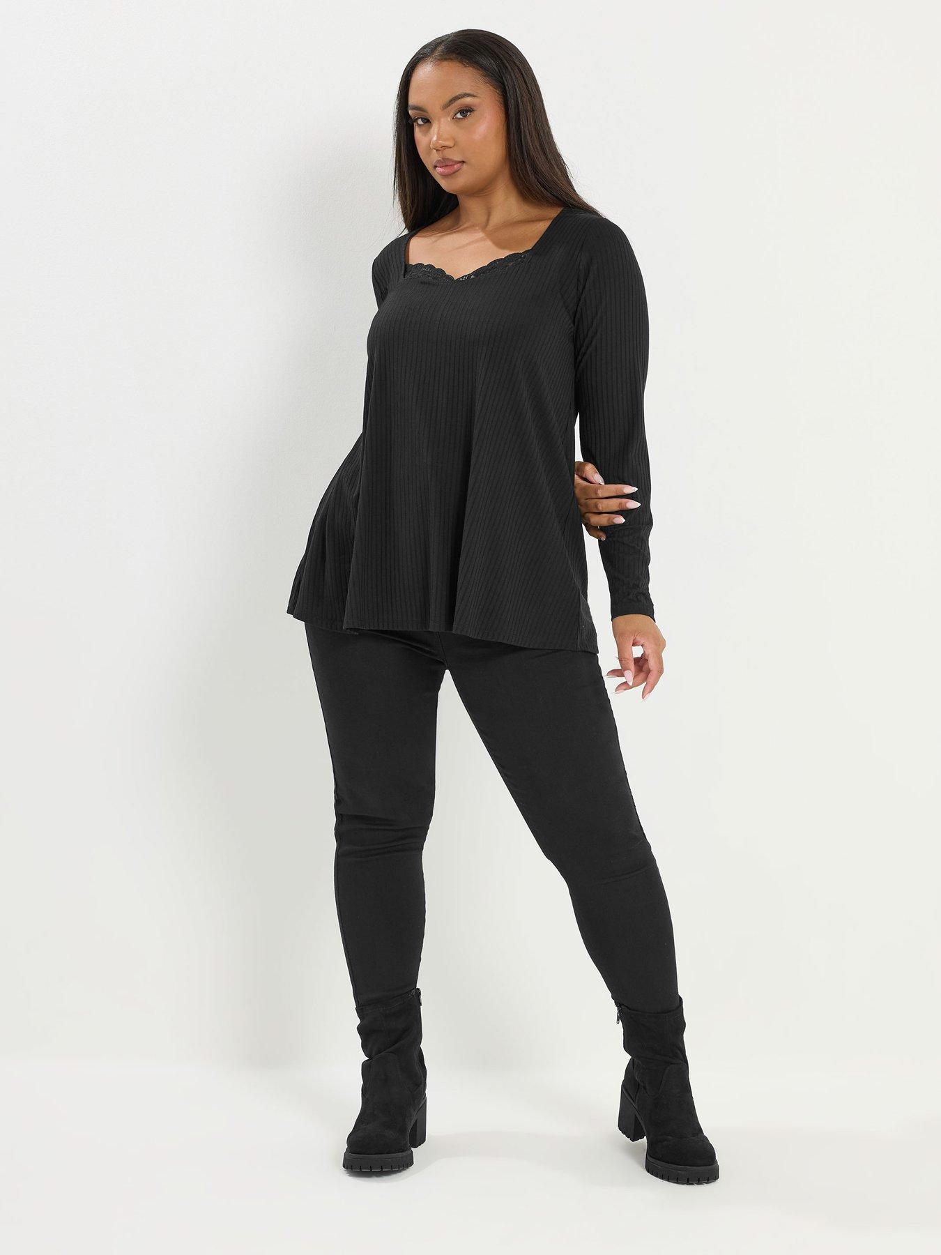 Yours Curve Lace Insert Rib Top - Black | Very