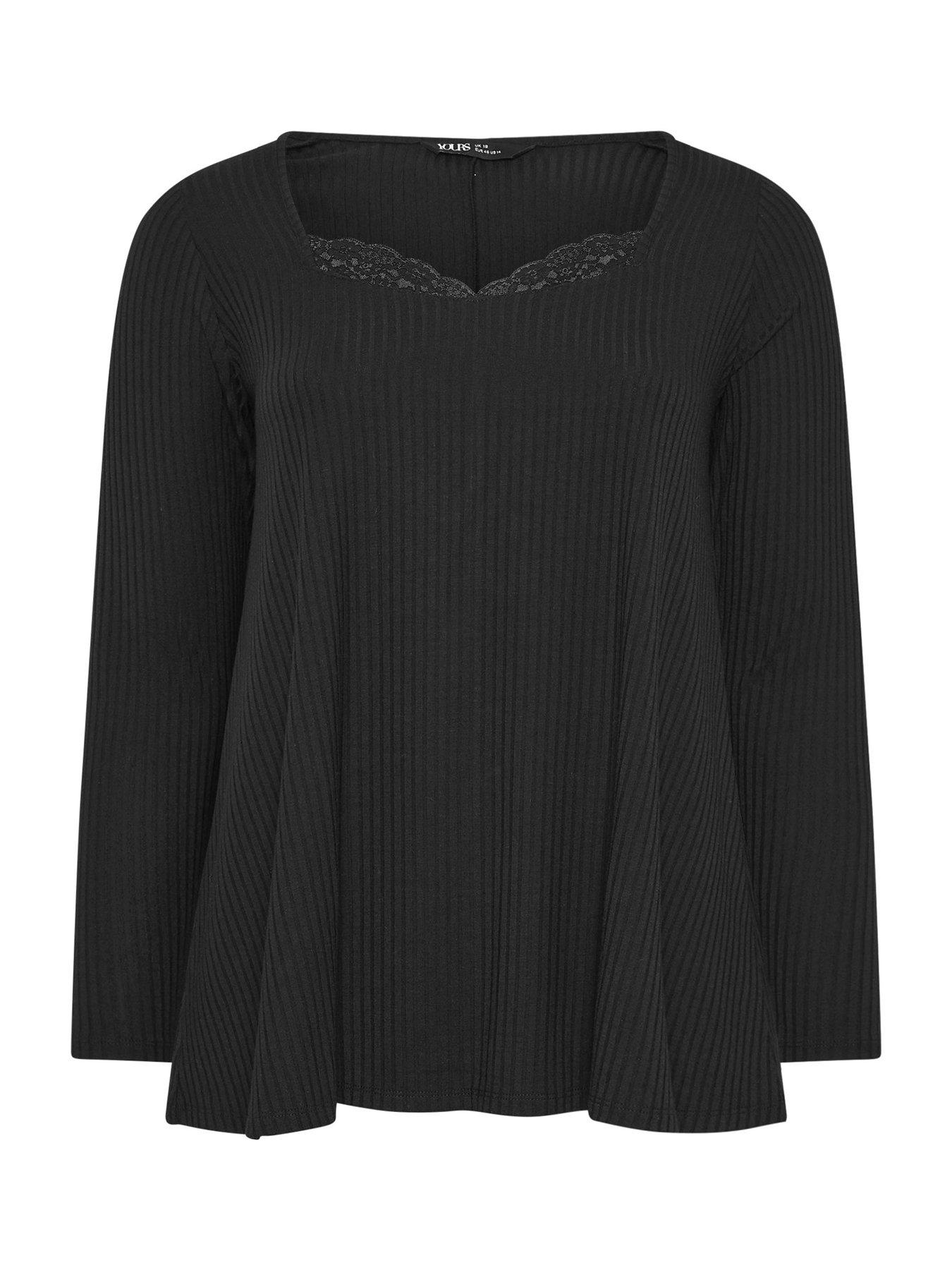 Yours Curve Lace Insert Rib Top - Black | Very