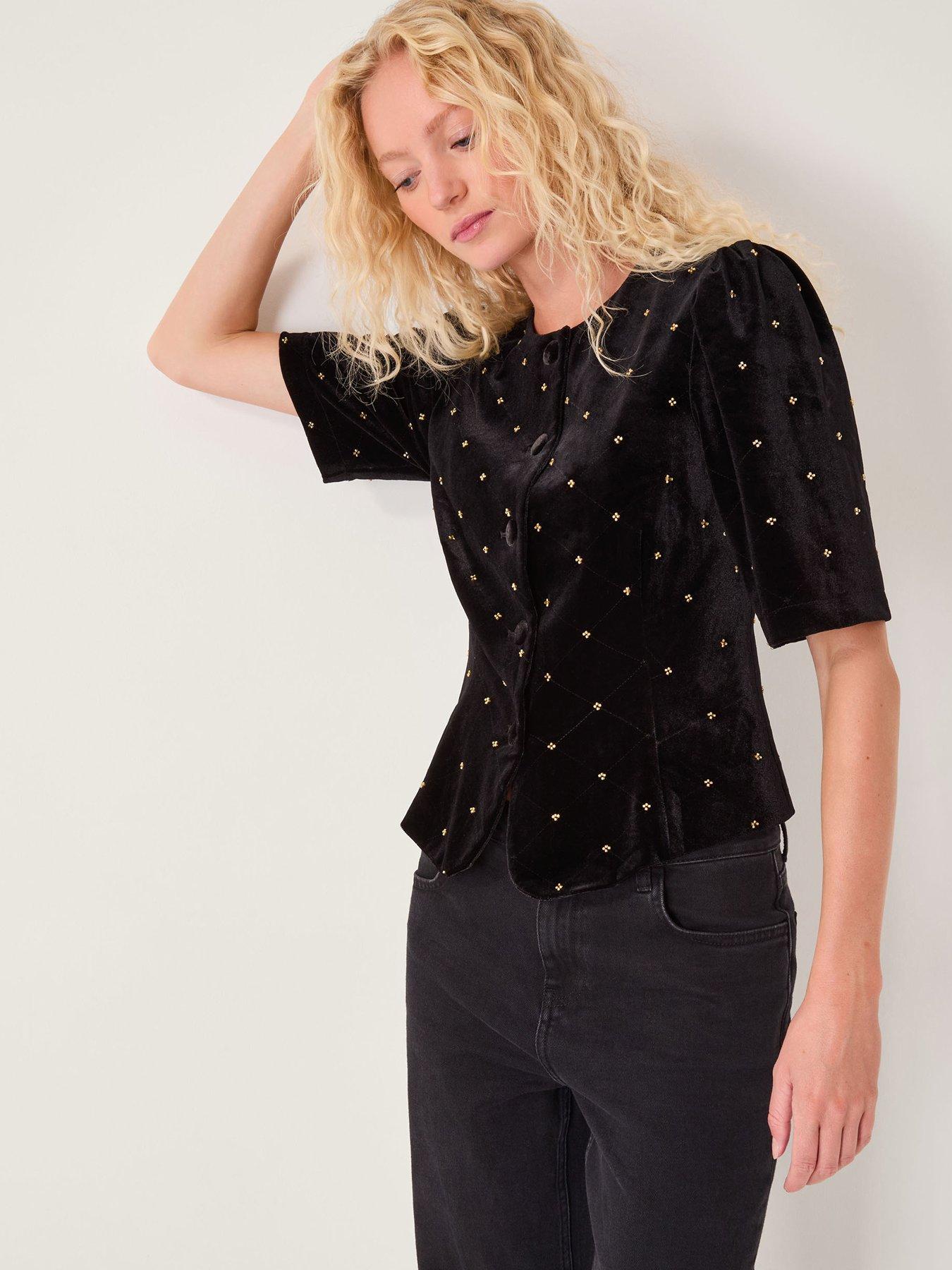 Monsoon Emma Embellished Velvet Top - Black | Very