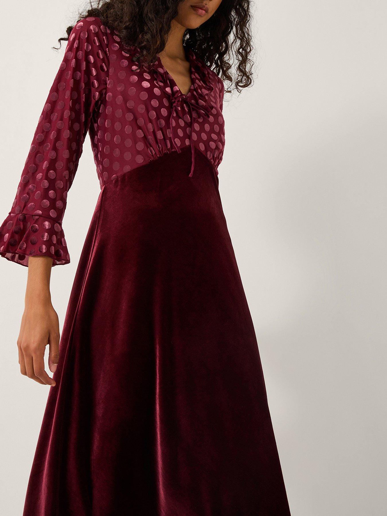 Monsoon Dua Dot Devore Velvet Midi Dress - Red | Very