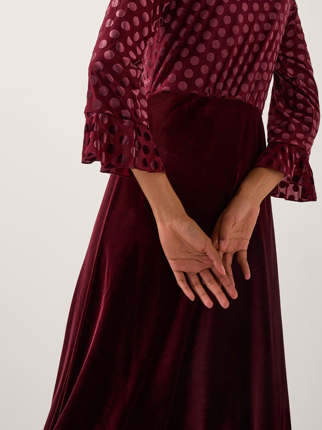 Monsoon Dua Dot Devore Velvet Midi Dress - Red | Very