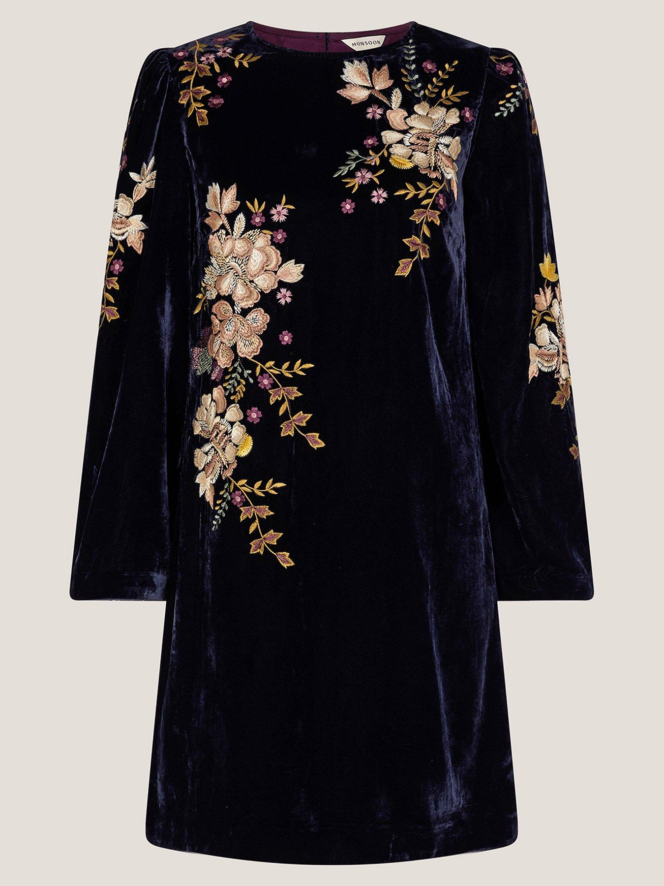 Monsoon Fallon Embroidered Velvet Dress - Blue | Very