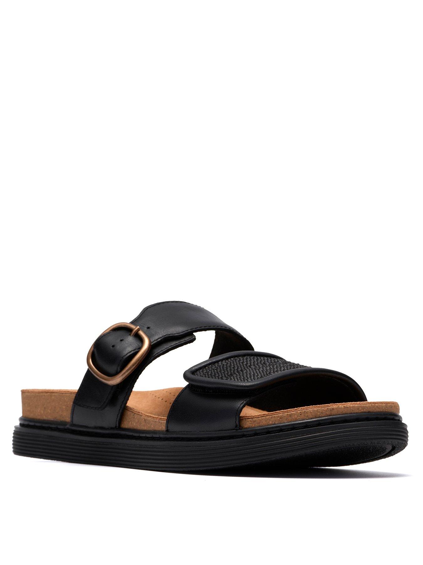 Clarks Arwell Step Wide Fit Sandals - Black Leather | Very