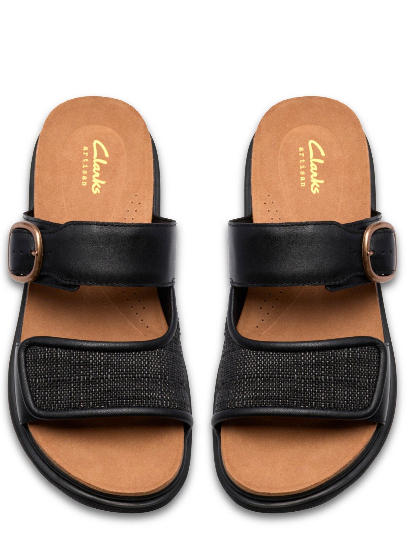 Clarks Arwell Step Wide Fit Sandals - Black Leather | Very