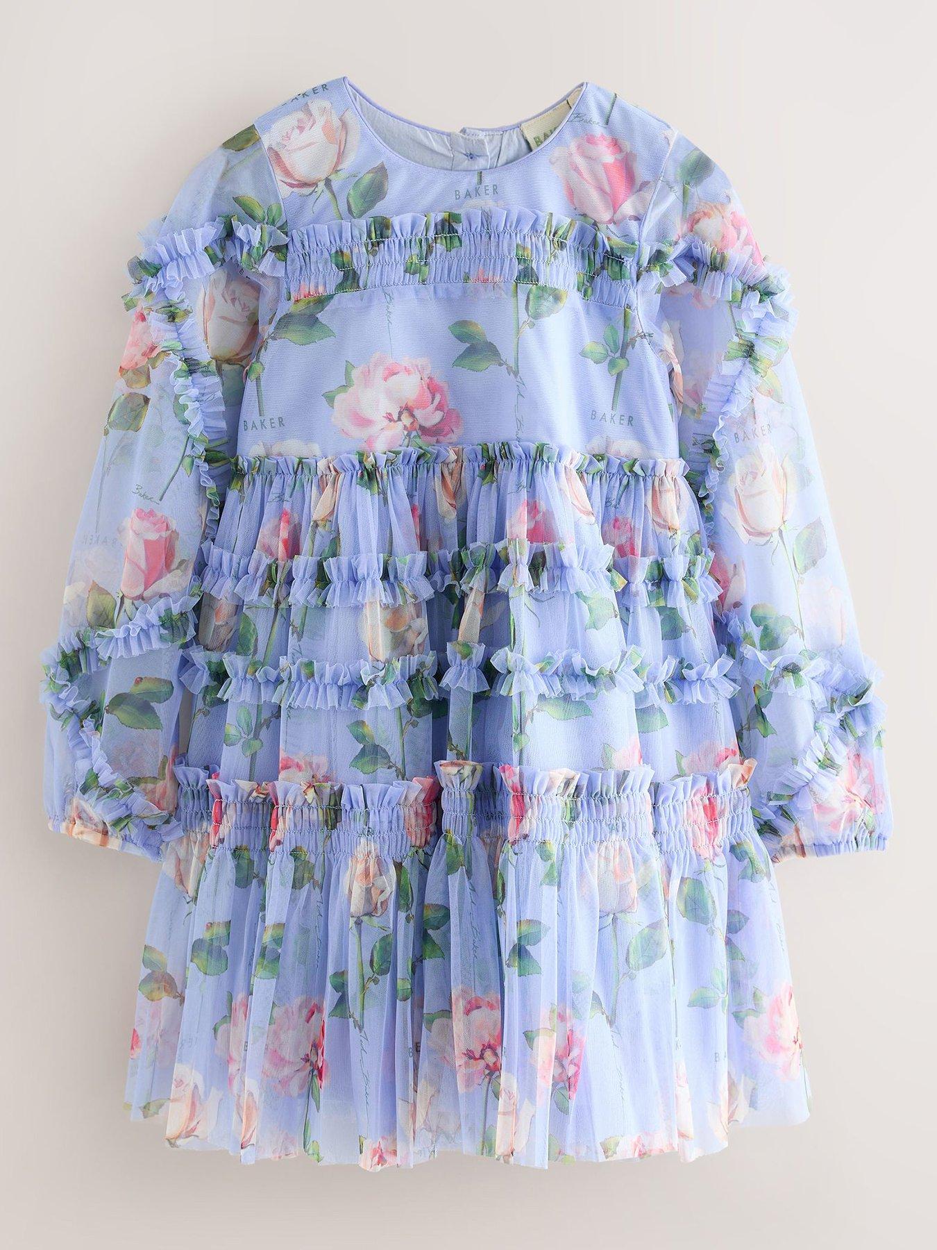Ted Baker Girls Floral Mesh Ruffle Dress - Blue | Very