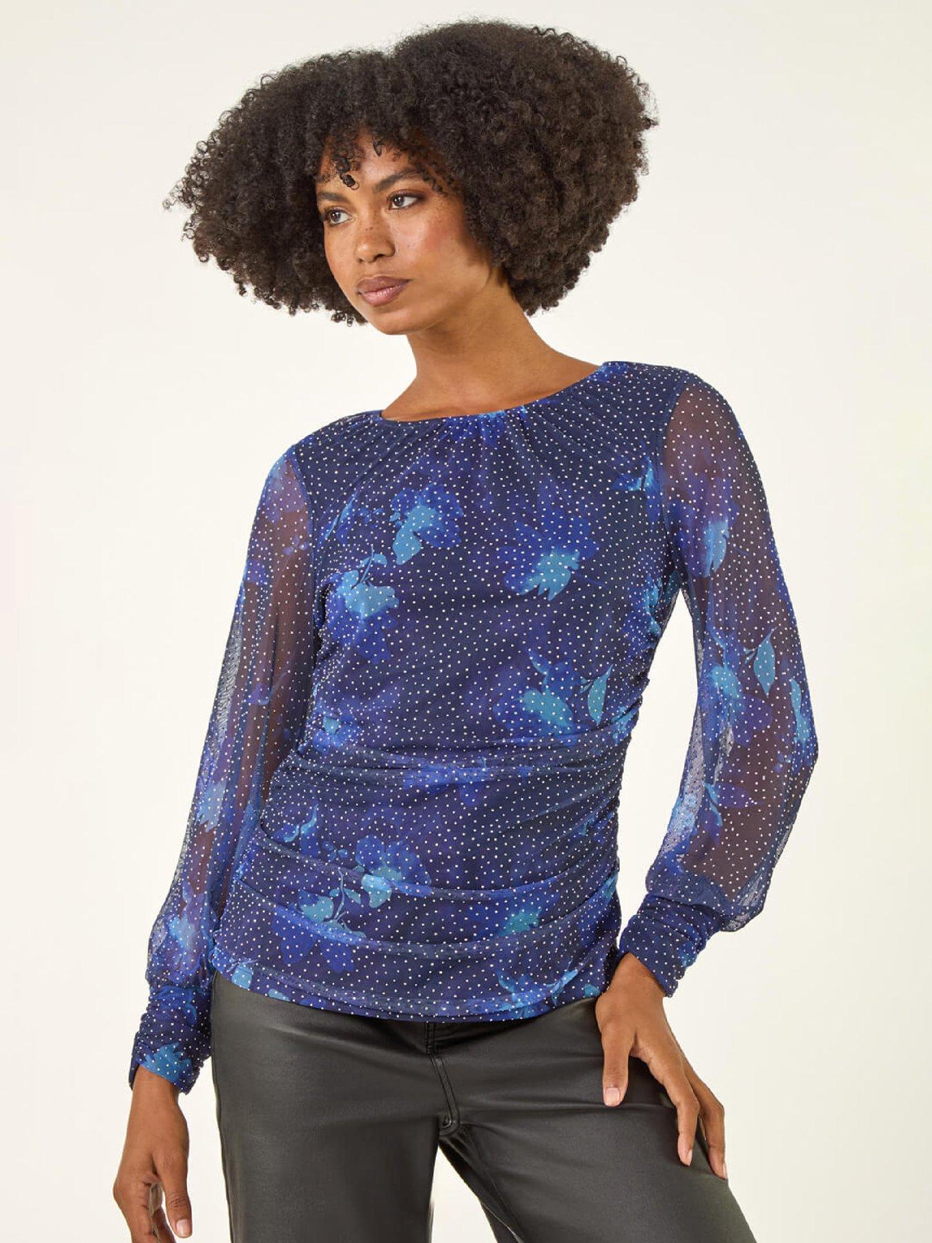 Roman Printed Stud Mesh Stretch Top - Navy | Very