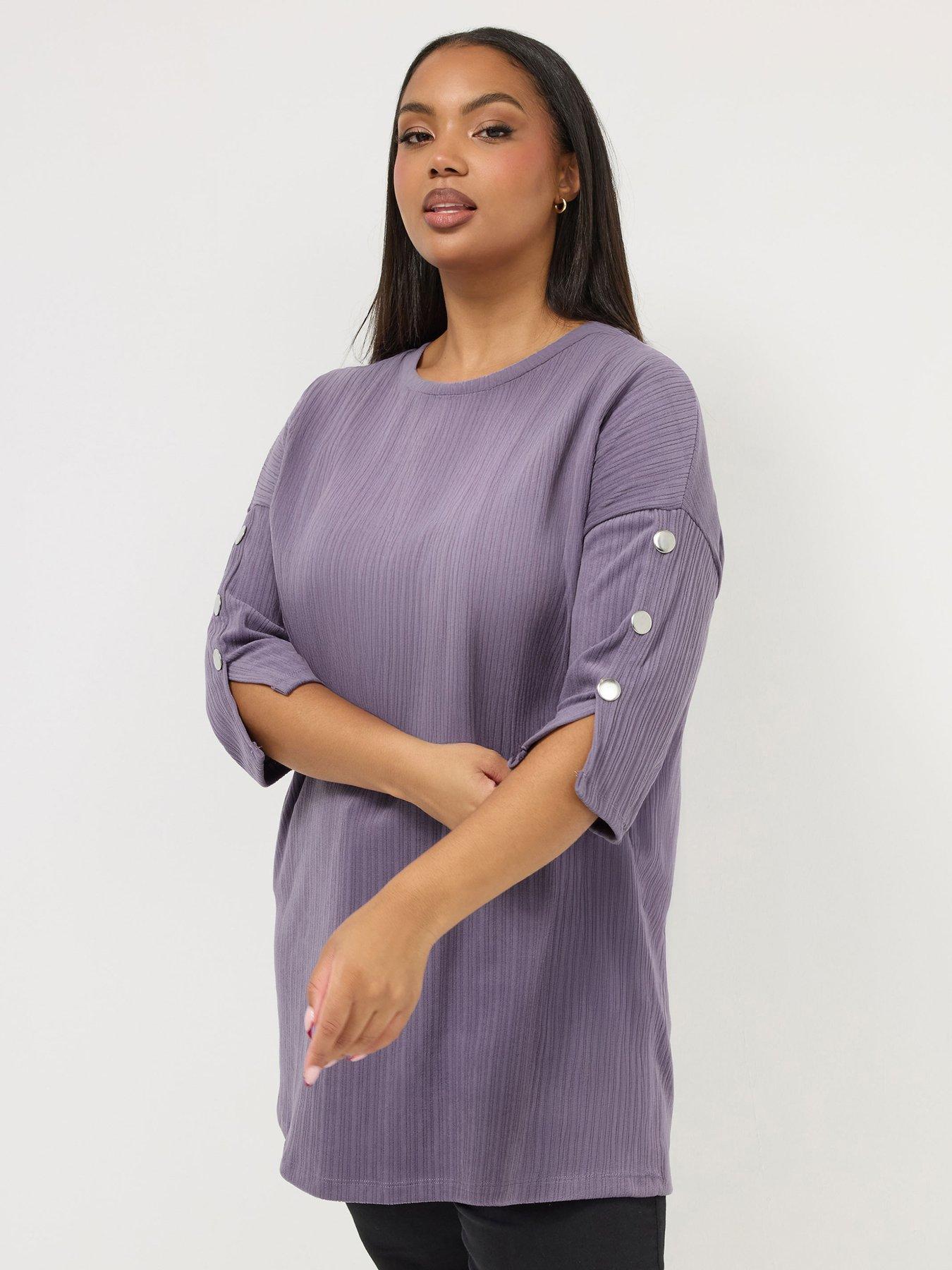 Yours Curve Ribbed Button Detail Top - Purple | Very
