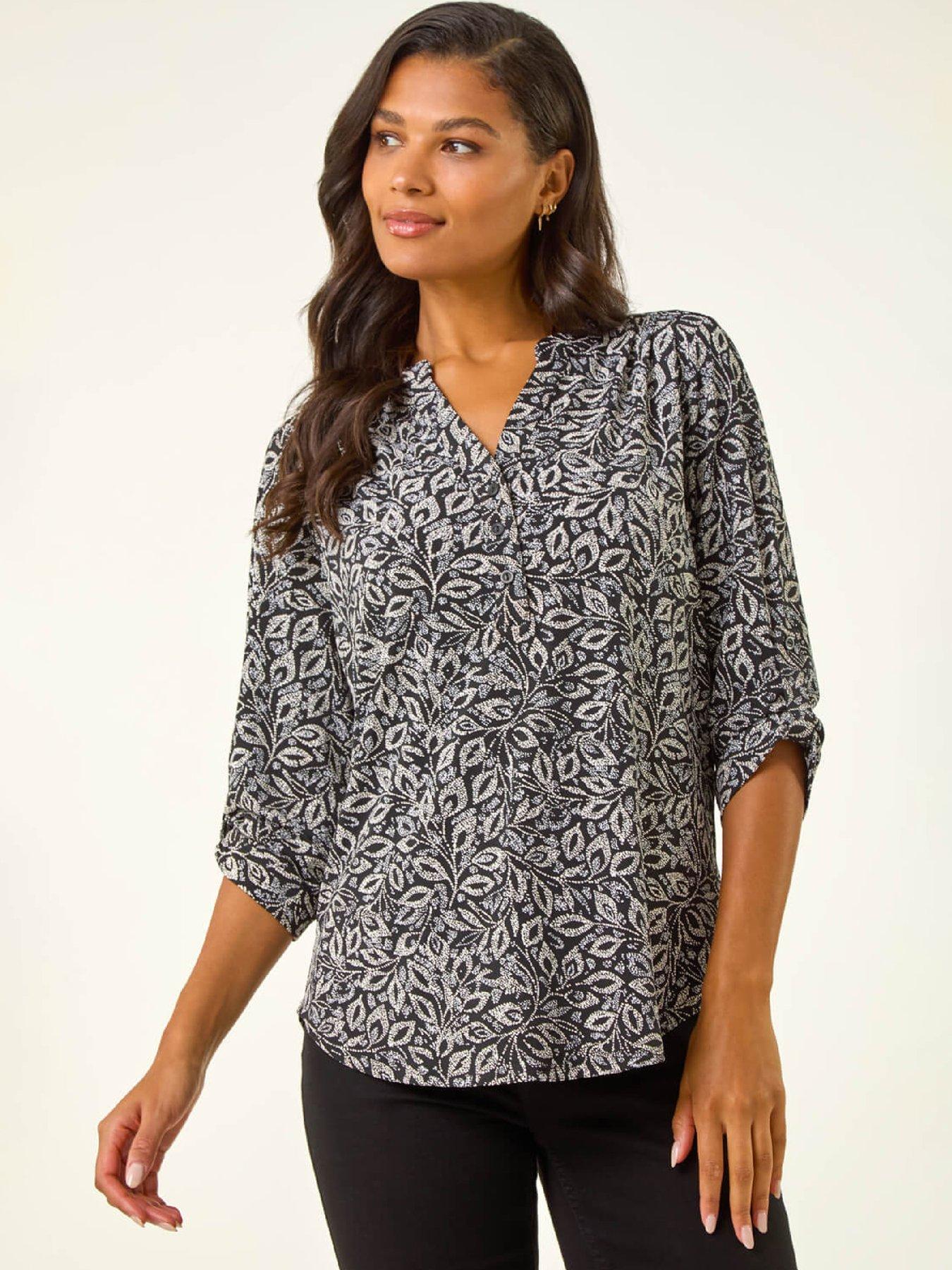 Roman Printed V-neck Stretch Top - Black | Very