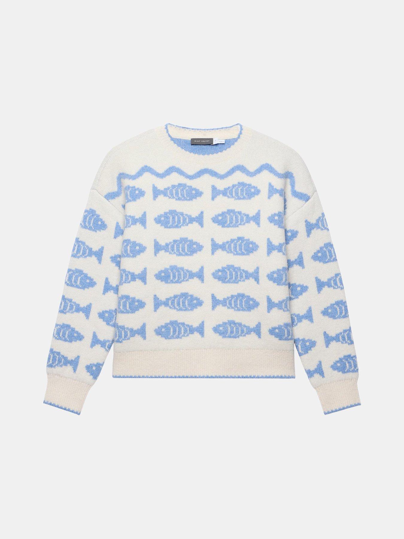 Mint Velvet Blue Fish Jaquard Knit Jumper - White | Very