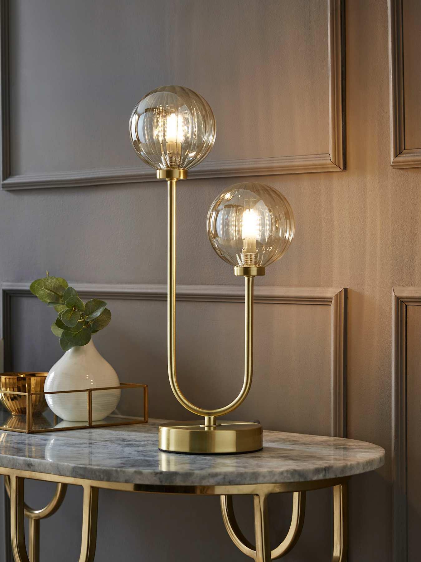 ValueLights Chessy Gold Metal Bar 2 Way Dual Table Lamp with Amber ...