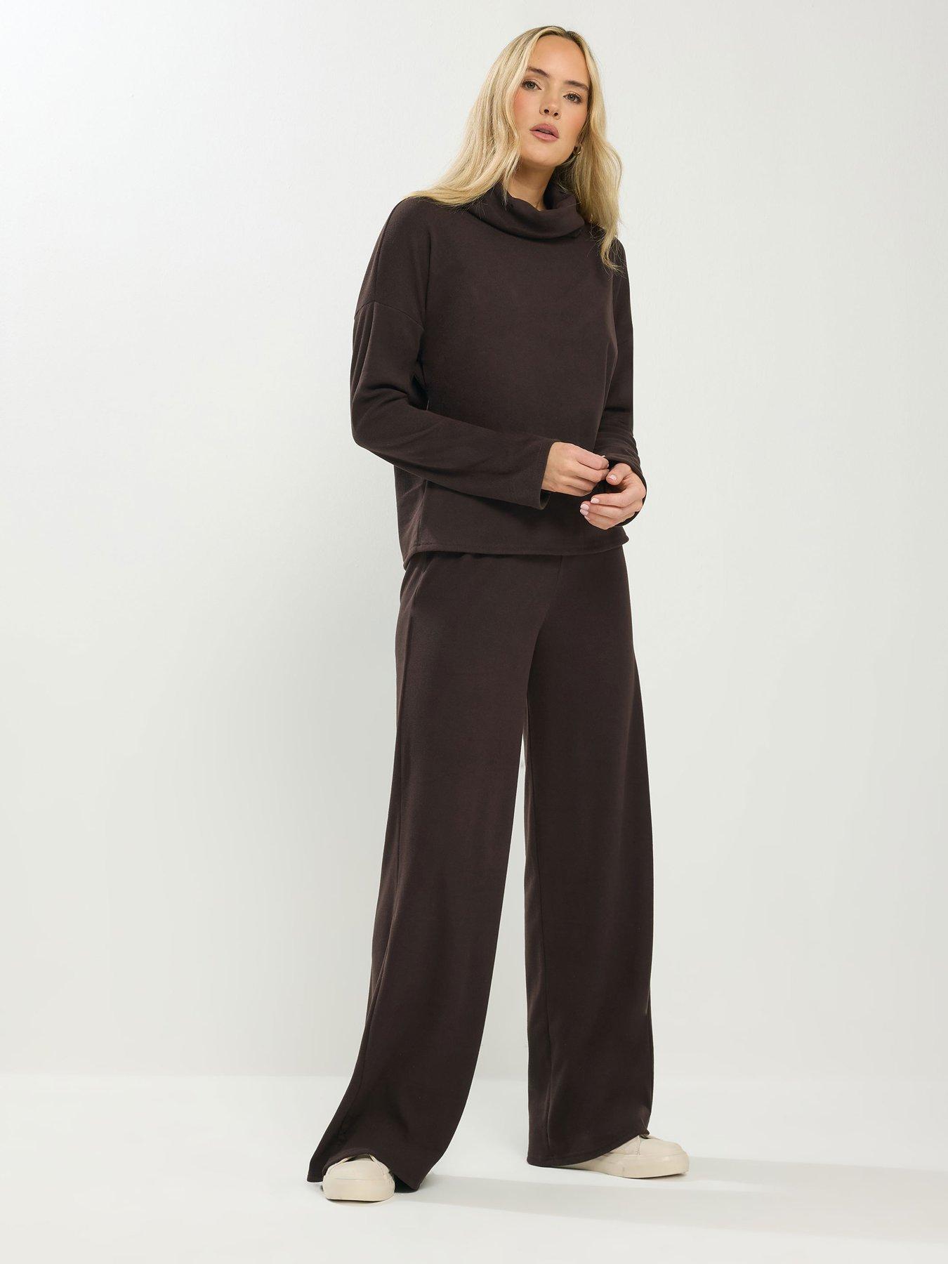 Long Tall Sally Brushed Rib Wide Leg Trousers - Brown | Very
