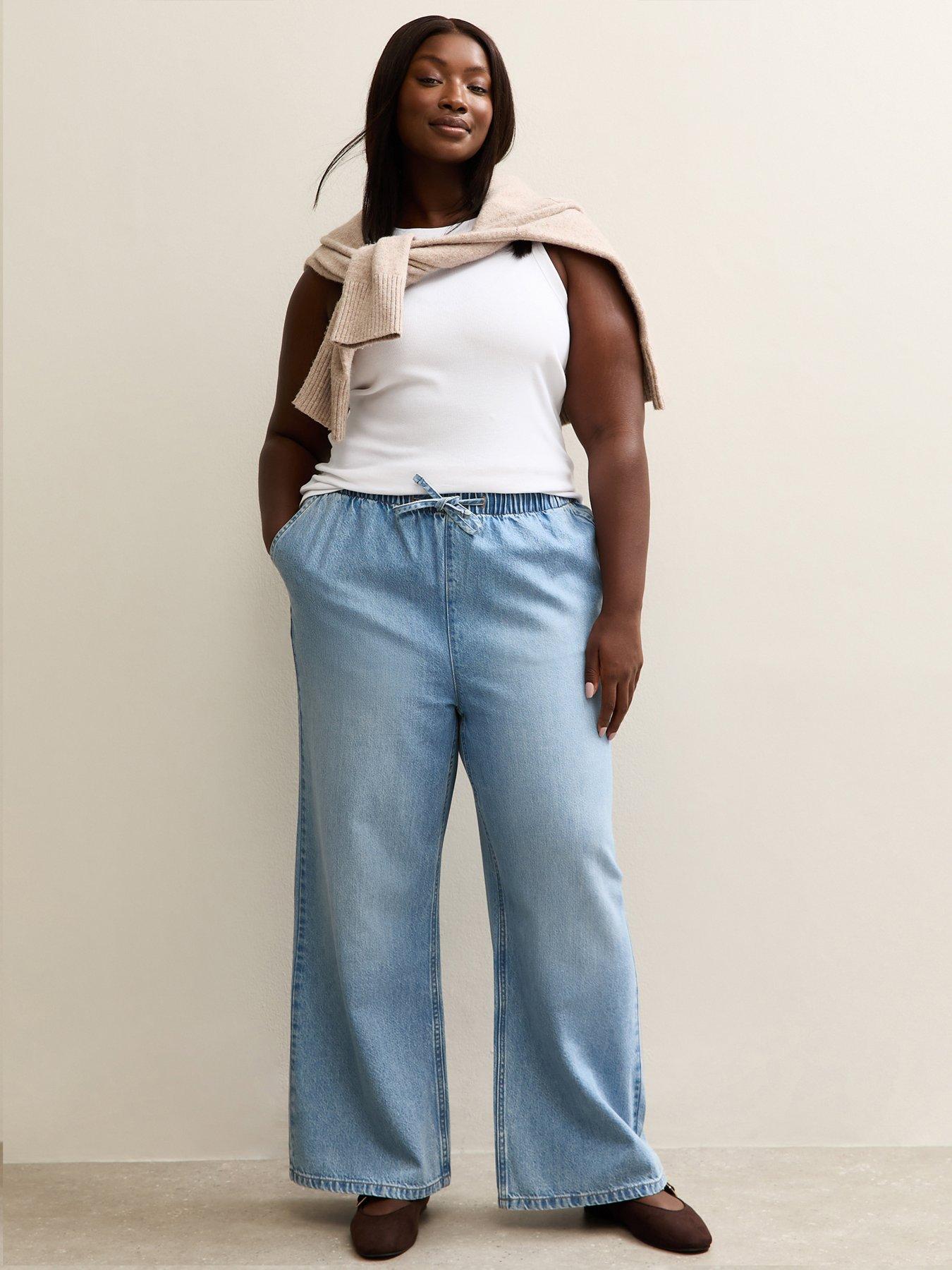 New Look Curves Drawstring Waist Pull On Wide Leg Jeans - Light Blue | Very
