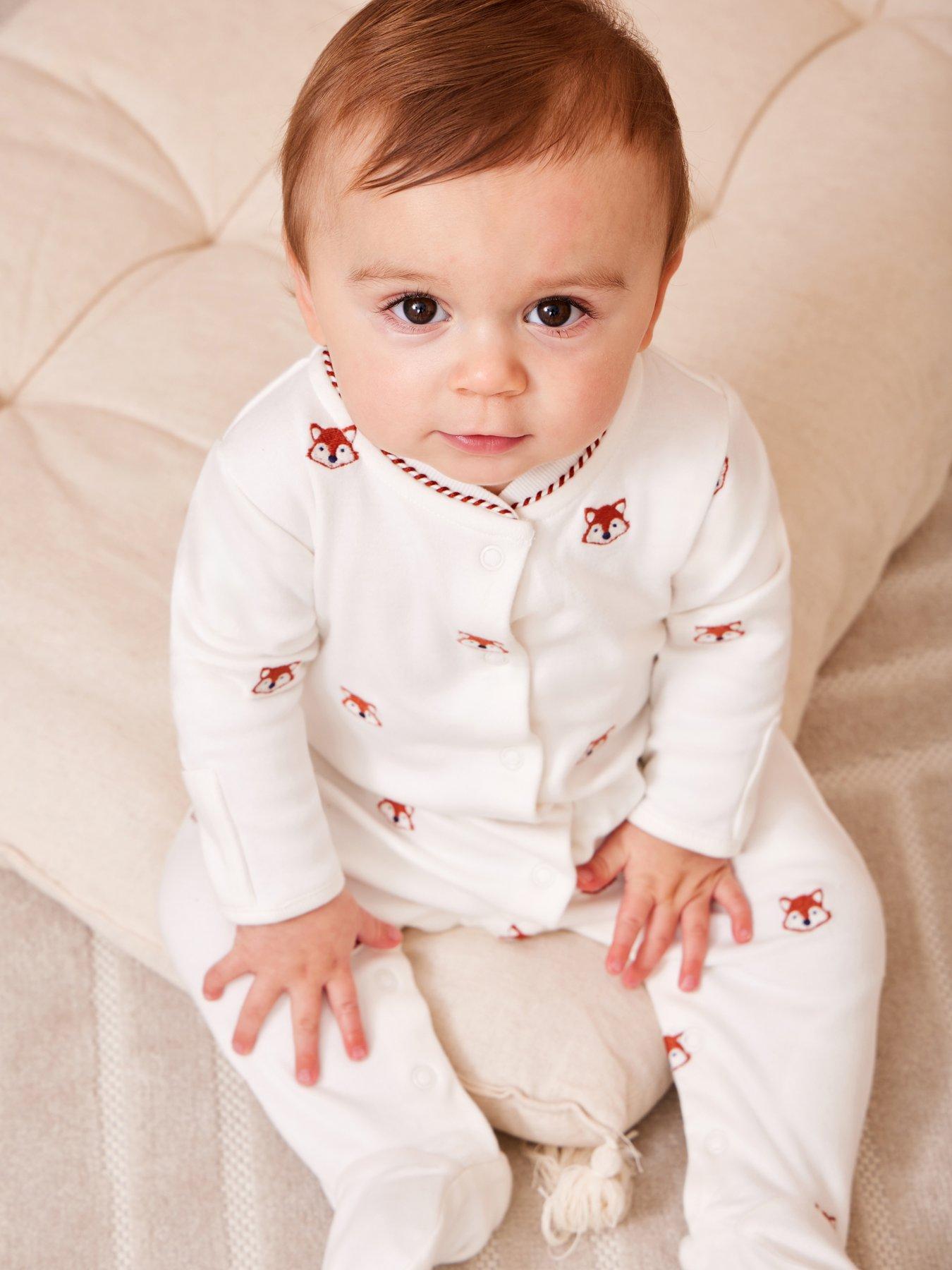 JoJo Maman Bebe Baby Unisex Fox Embroidered Sleepsuit - Cream | Very
