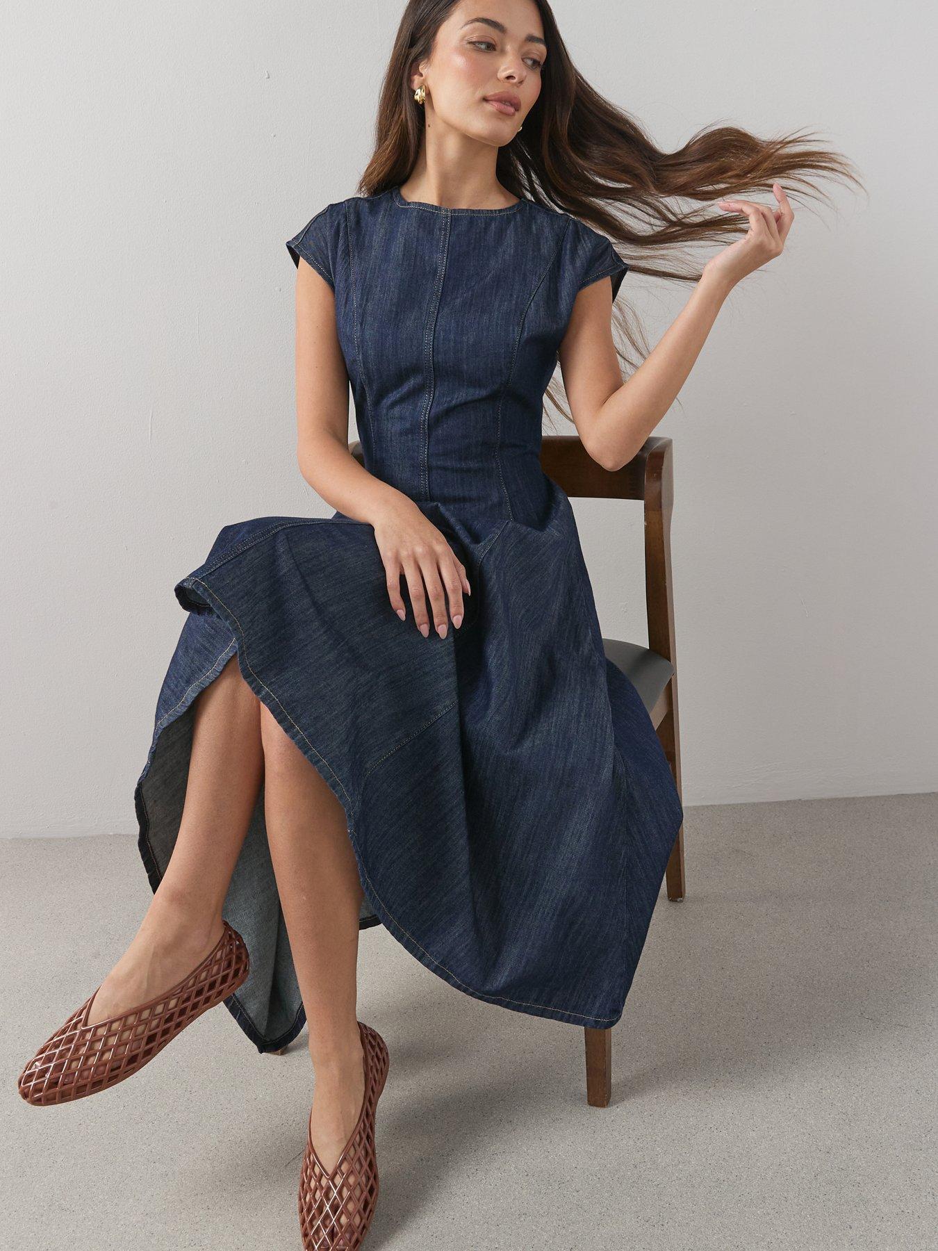 The Very Collection Denim Seamed Midi Dress - Dark Wash | Very