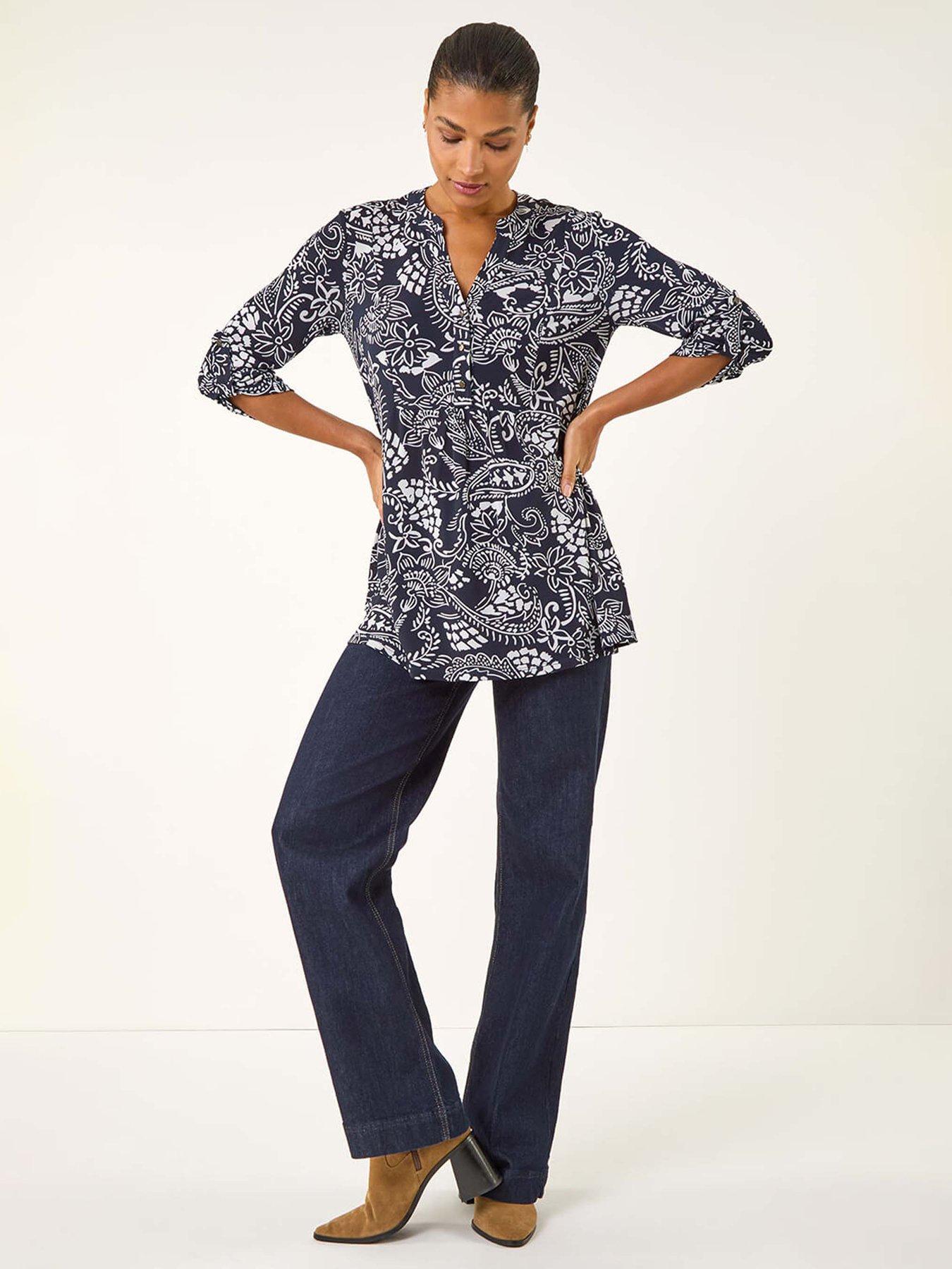 Roman Abstract Print Buttoned Tunic Top - Navy | Very