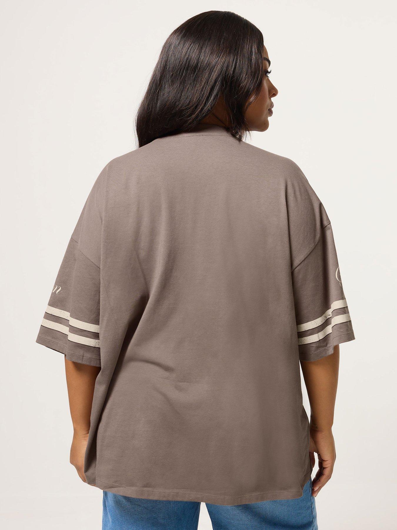 Yours Curve Placement Boxy Varsity T-Shirt - Brown | Very