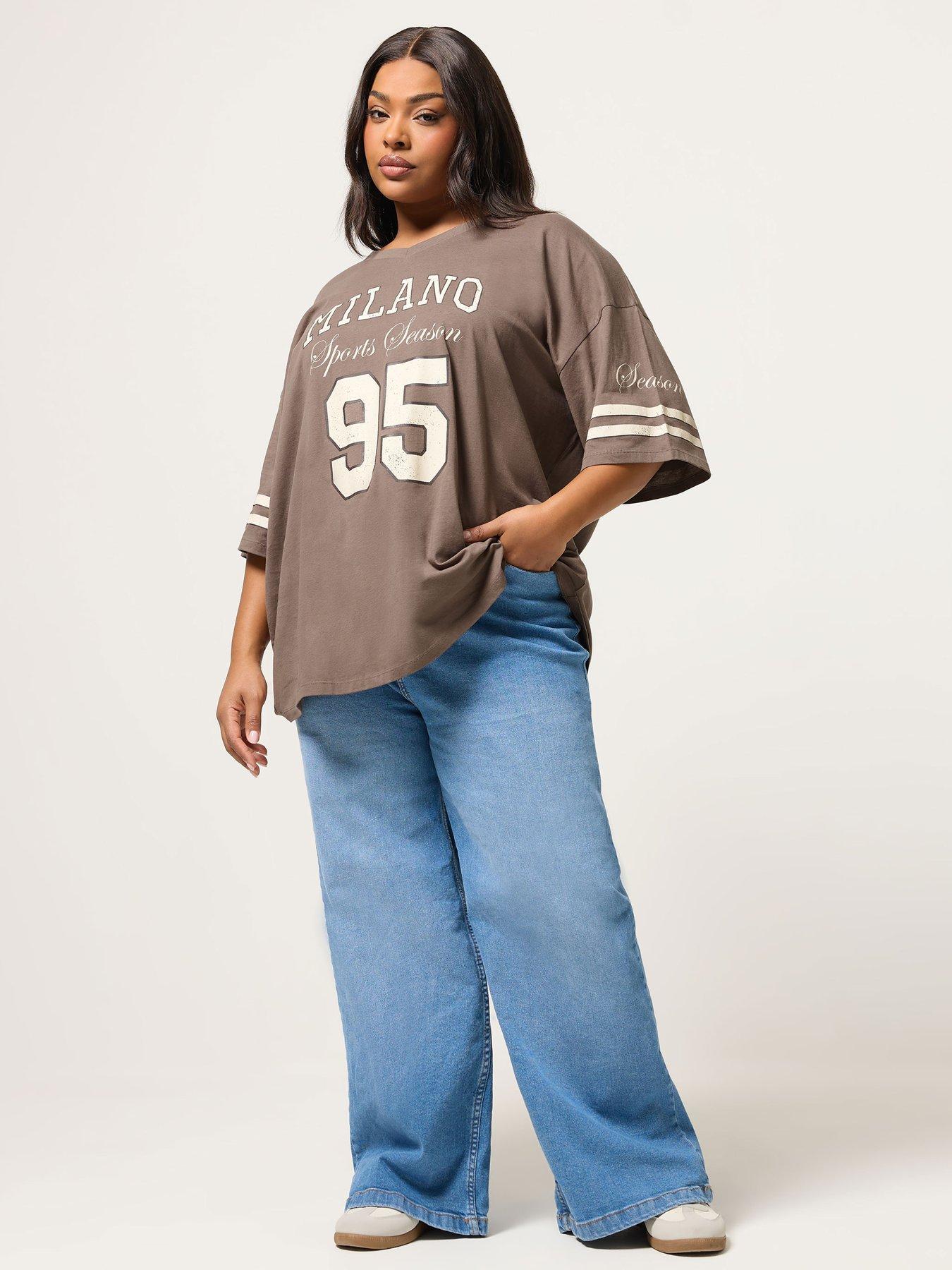 Yours Curve Placement Boxy Varsity T-Shirt - Brown | Very