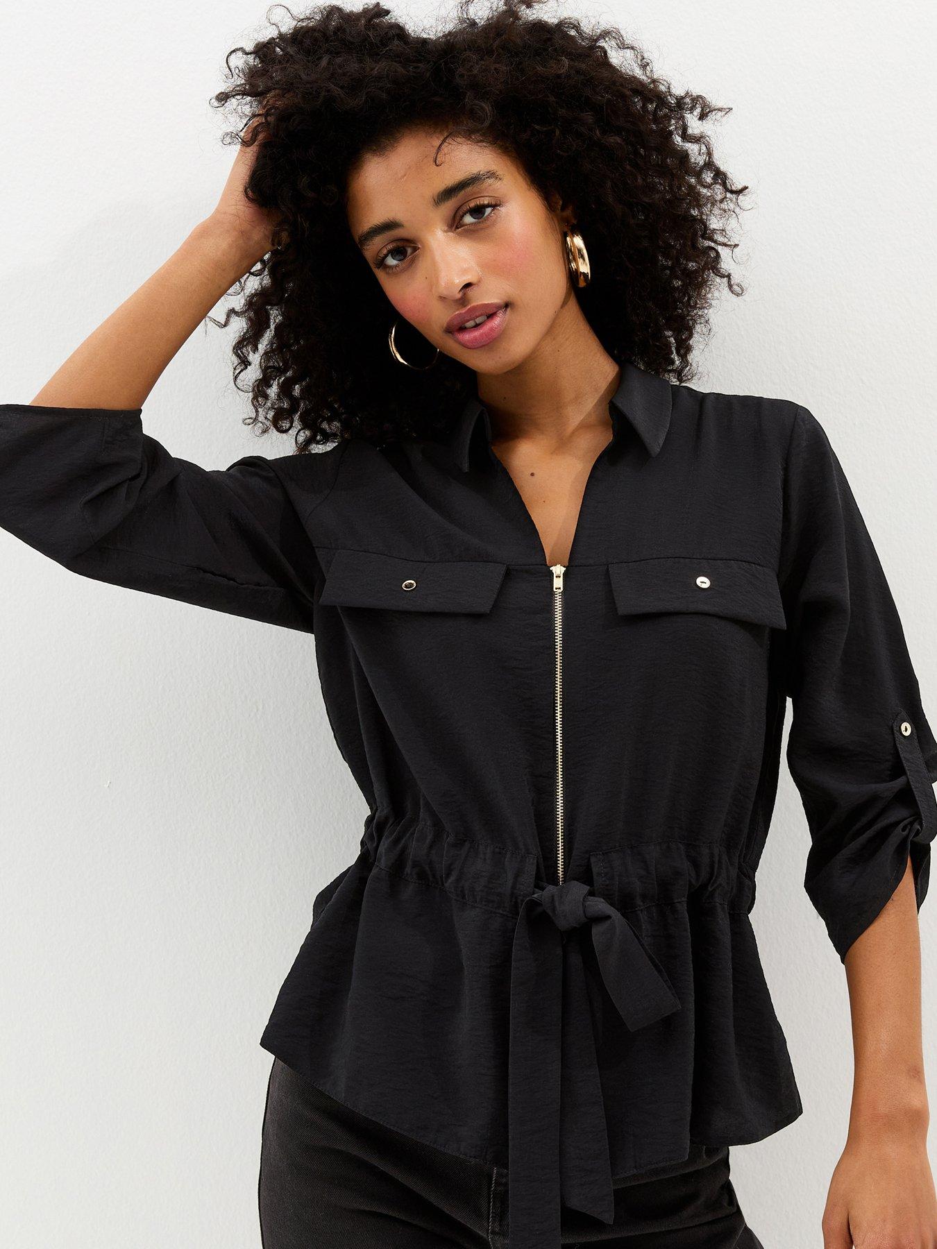 New Look Zip Up Cropped Sleeve Shirt - Black | Very