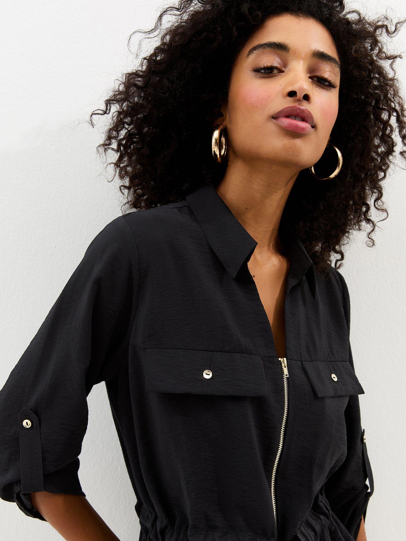 New Look Zip Up Cropped Sleeve Shirt - Black | Very