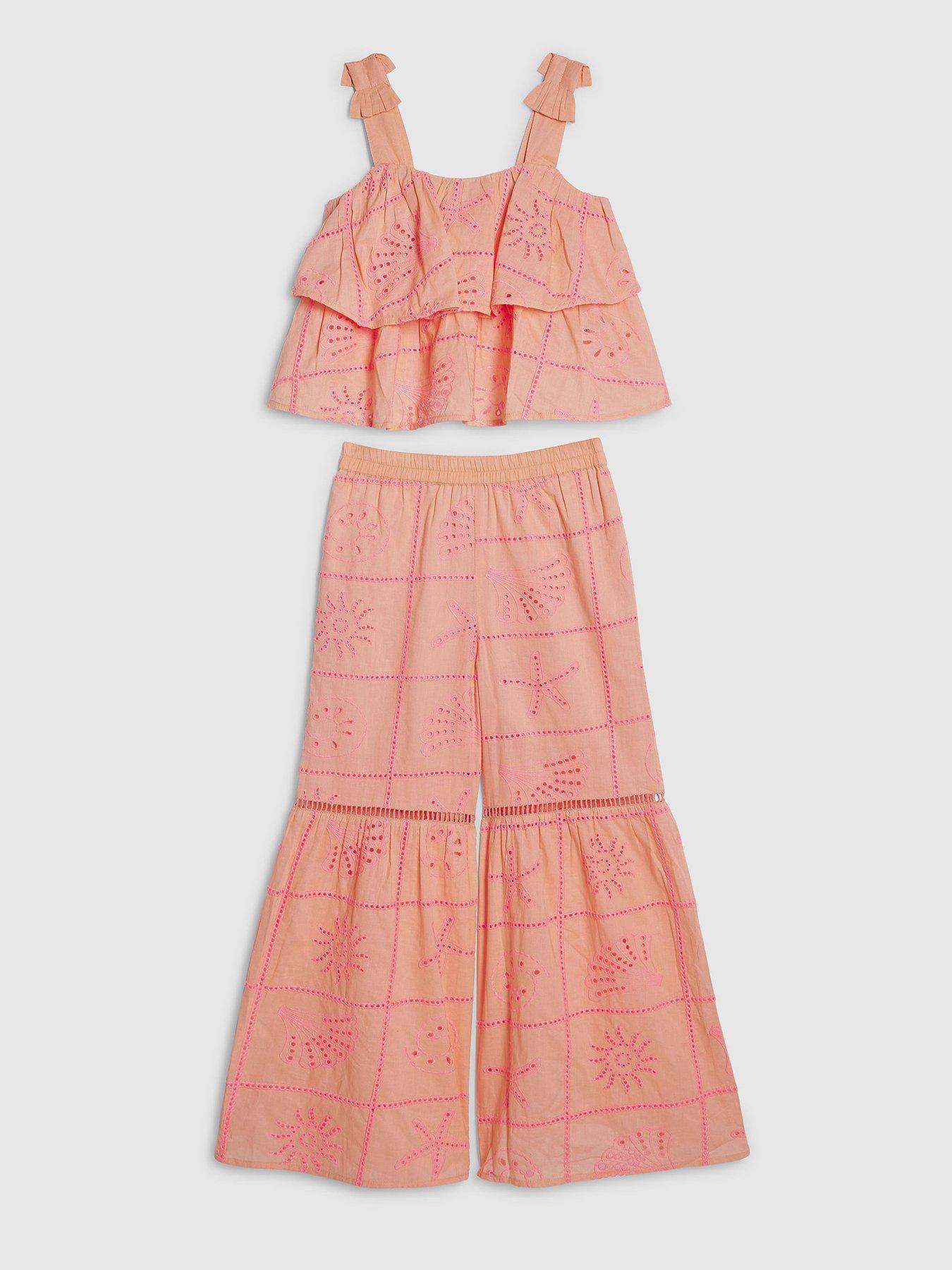River Island Older Girls Tiered Broderie Top Set - Coral | Very