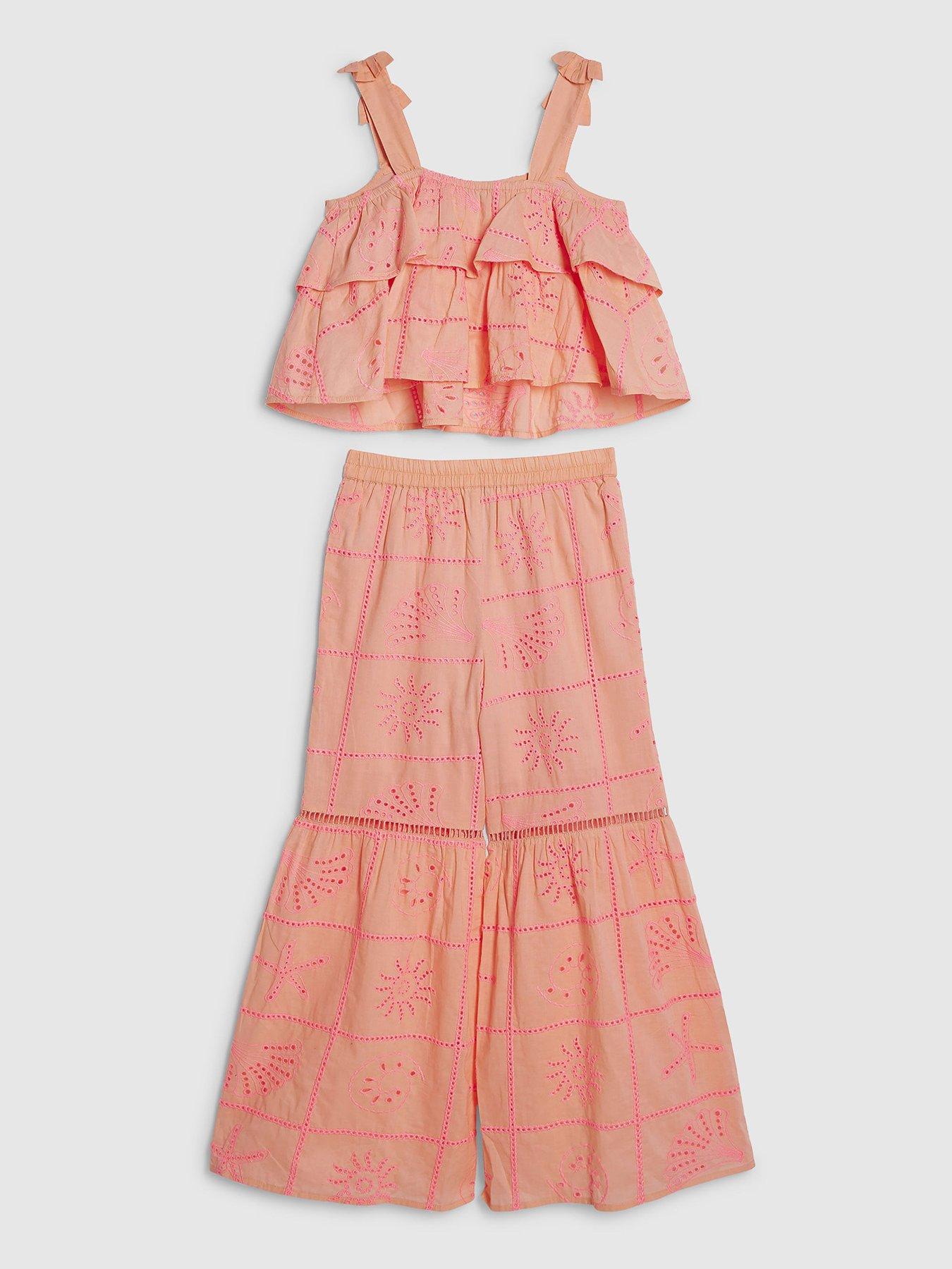 River Island Older Girls Tiered Broderie Top Set - Coral | Very