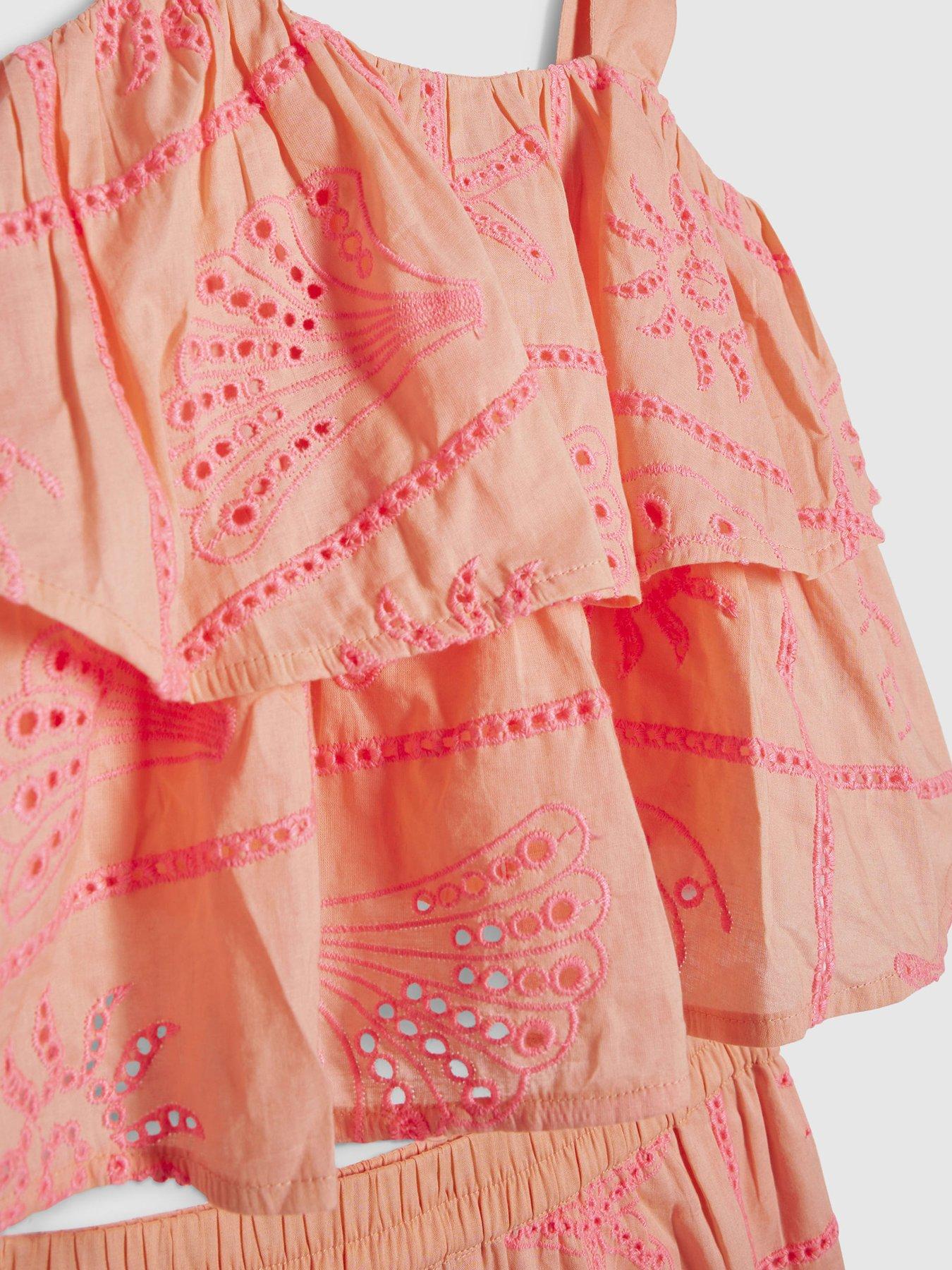 River Island Older Girls Tiered Broderie Top Set - Coral | Very