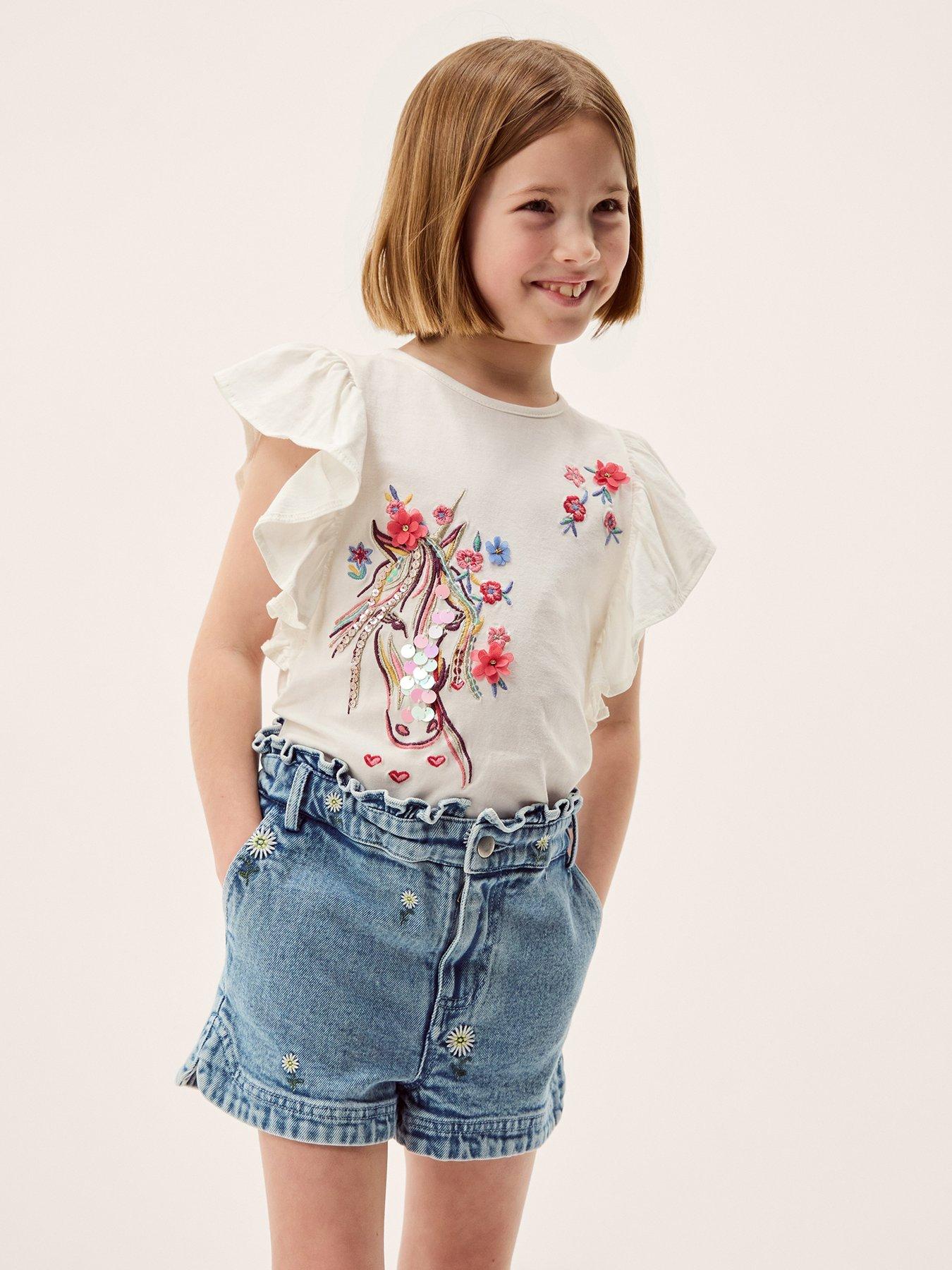 Monsoon Girls Daisy Embroidered Denim Shorts - Blue | Very
