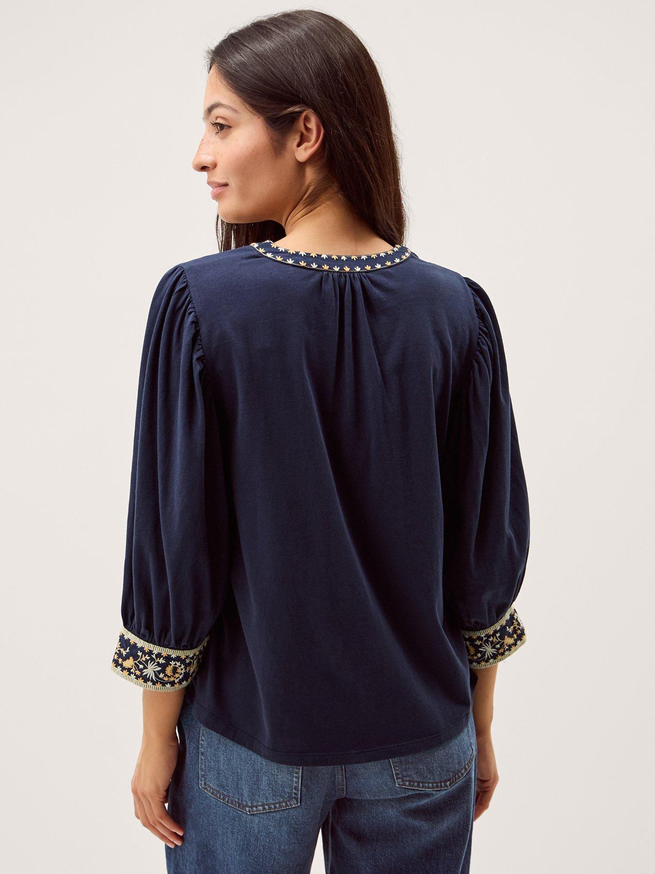 Monsoon Emi Embroidered Cotton Jersey Top - Blue | Very