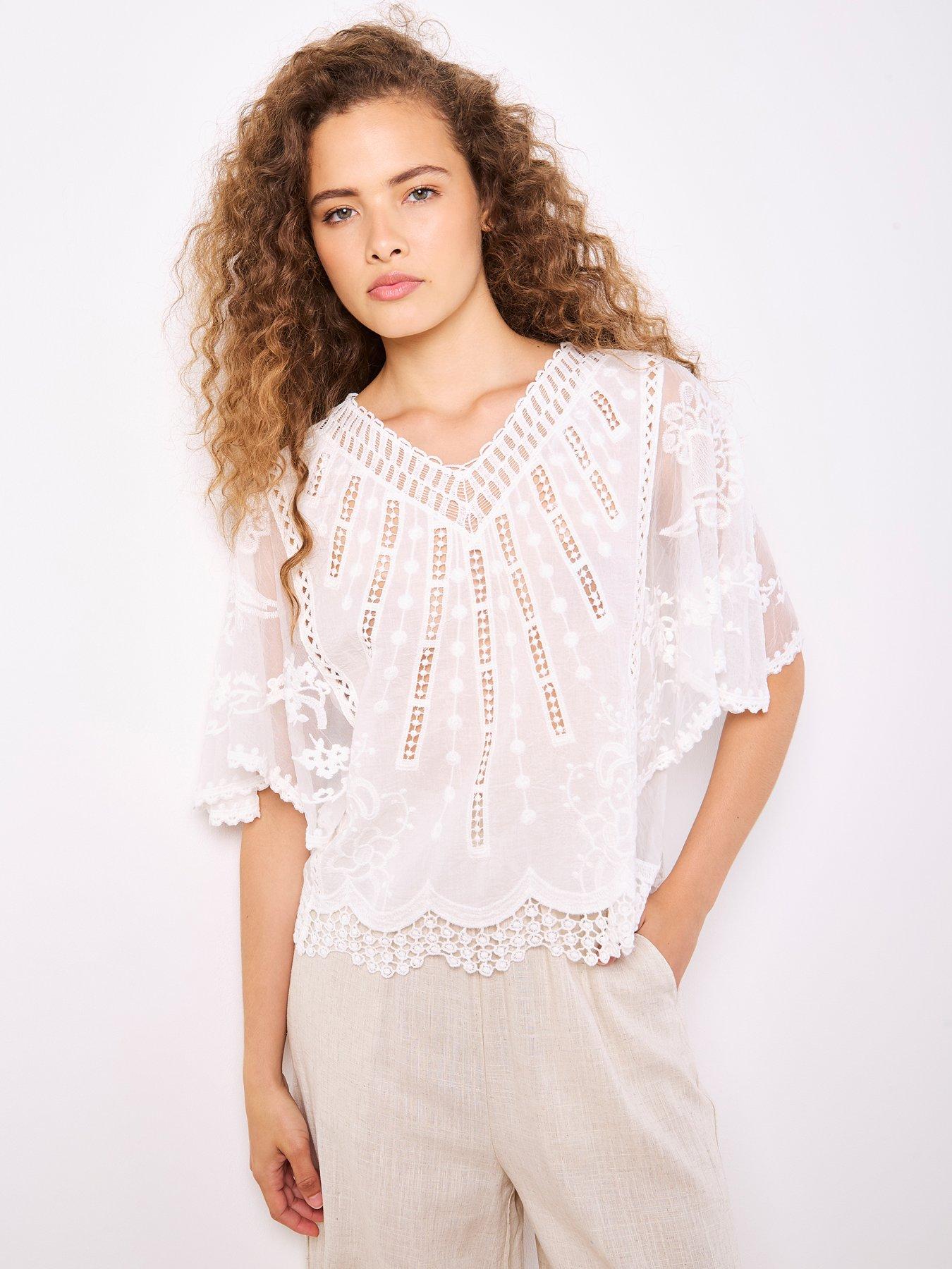 Apricot Lace Detail Embroidered Mesh Top | Very