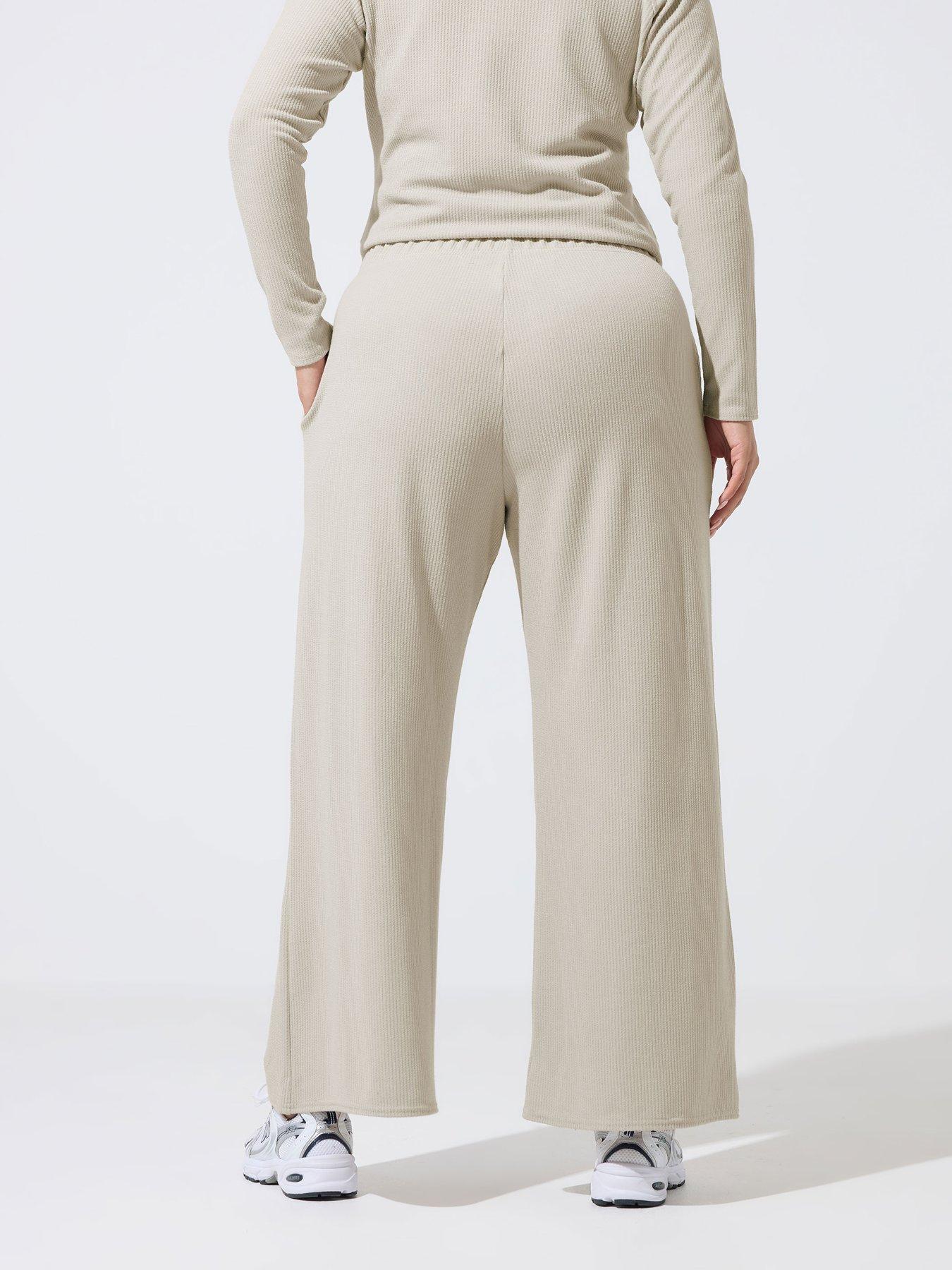 Yours Curve Crinkle Rib Wide Leg Trousers - Cream | Very