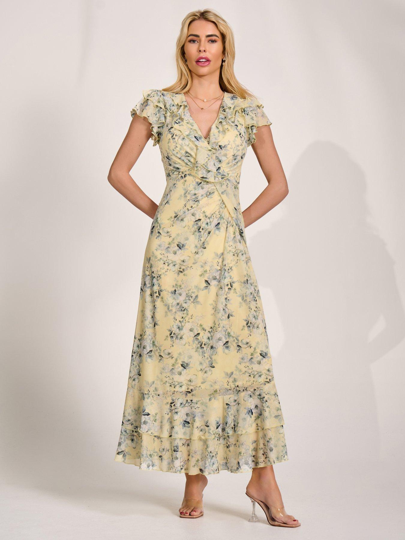 Jolie Moi Ruffle V Neck Mesh Maxi Dress - Yellow | Very