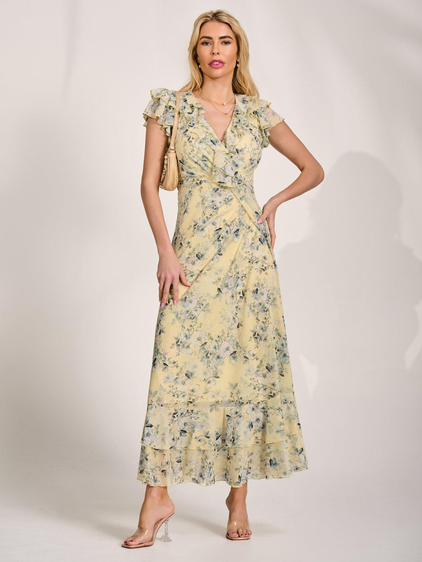 Jolie Moi Ruffle V Neck Mesh Maxi Dress - Yellow | Very
